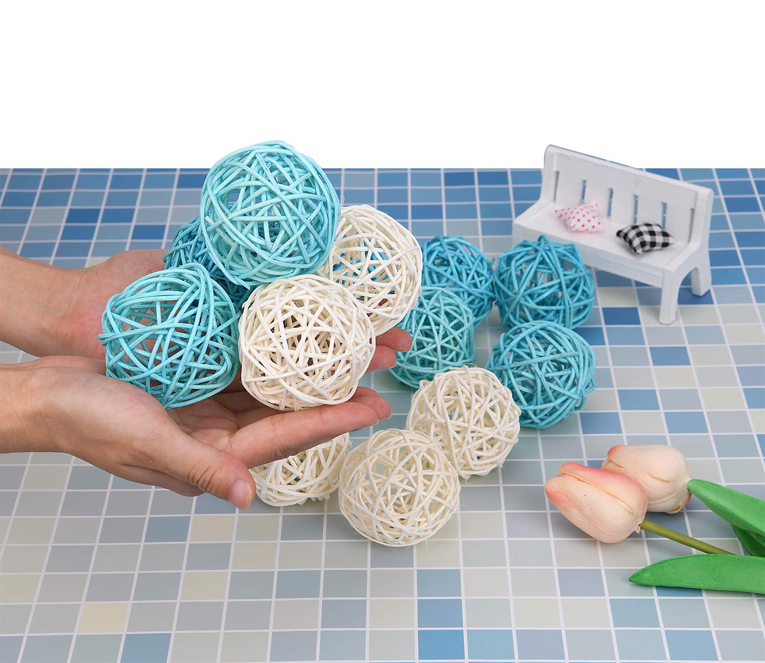 Lulonpon Wicker Rattan Balls Decorative Orbs Vase Fillers for Craft Project, 15pcs 2.36" Wedding Table Decoration,Themed Party,Aromatherapy Accessories,Comes with Rope (15, Blue-2)