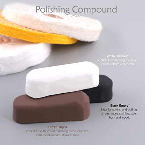 Rustark 6 Piece Polishing Compounds Kit with 3 Assorted Buffing Wheels Including Black Emery, Brown Tripoli, White Diamond, Yellow (30 Ply) Flannel (30 Ply), Cotton (40 Ply) for polishing