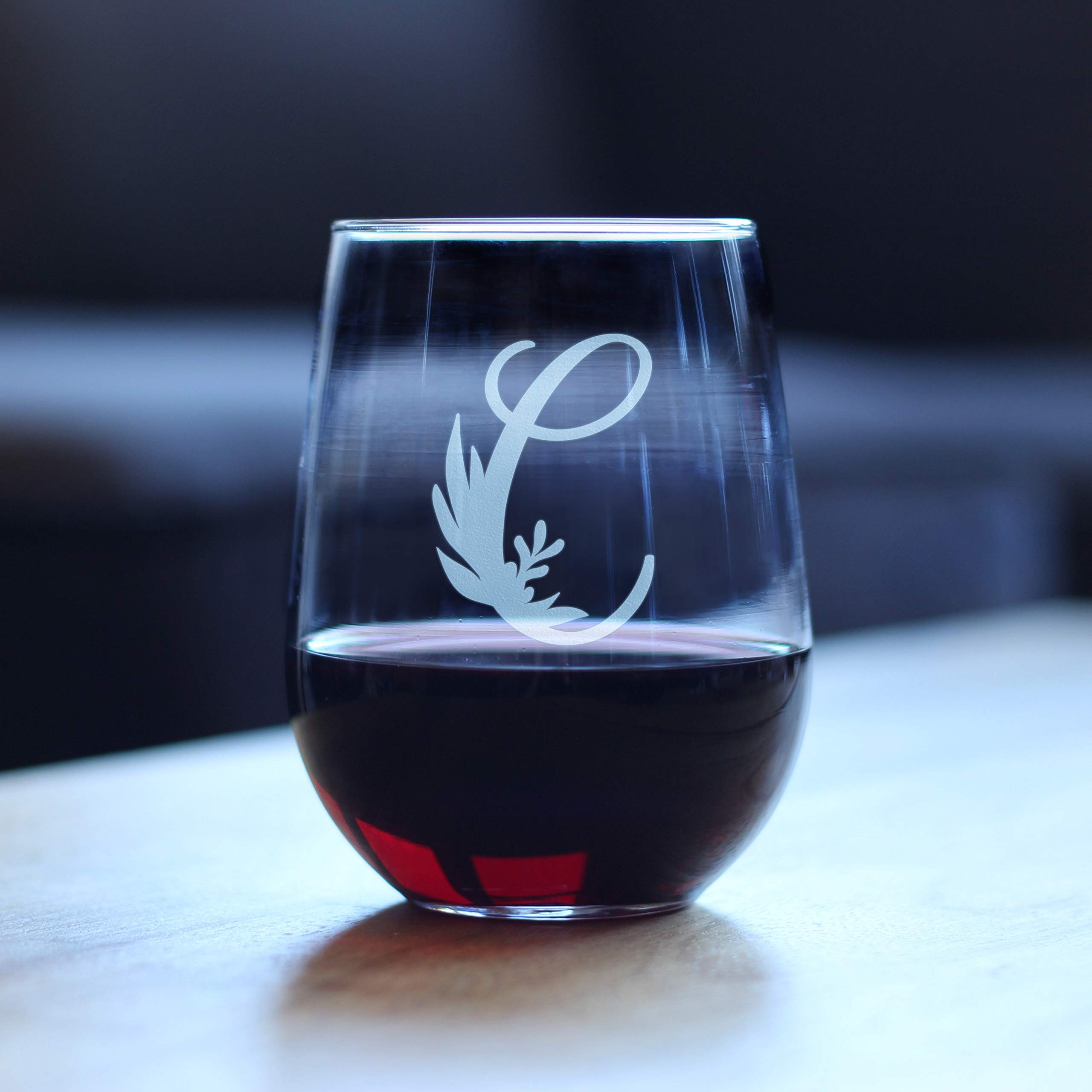 Monogram Floral Letter C - Stemless Wine Glass - Personalized Gifts for Women and Men - Large Engraved Glasses