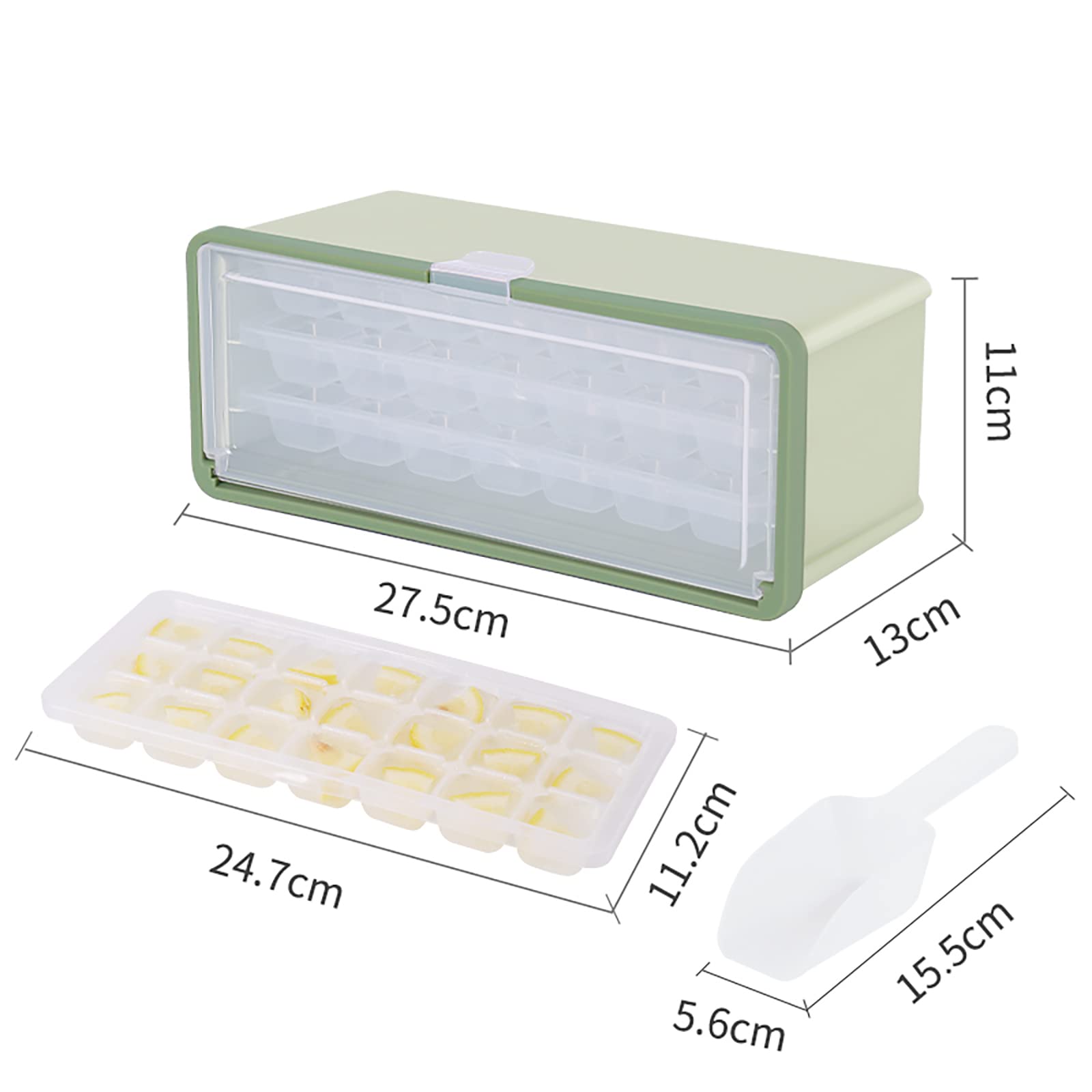 PYANGUHAI Ice Cube Tray with Lid and Bin, Bucket, Maker Substitutes, Comes Container, Scoop Cover Release Box Container for Freezer (Green)