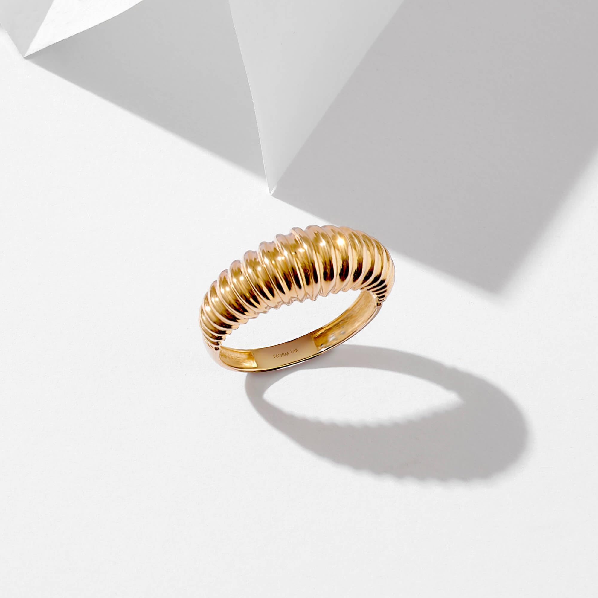 Norm Jewels Chunky Statement Ring in 14k Solid Gold Ribbed Dome Ring for Women Men Comfort Fit (Yellow Gold, 7.5)