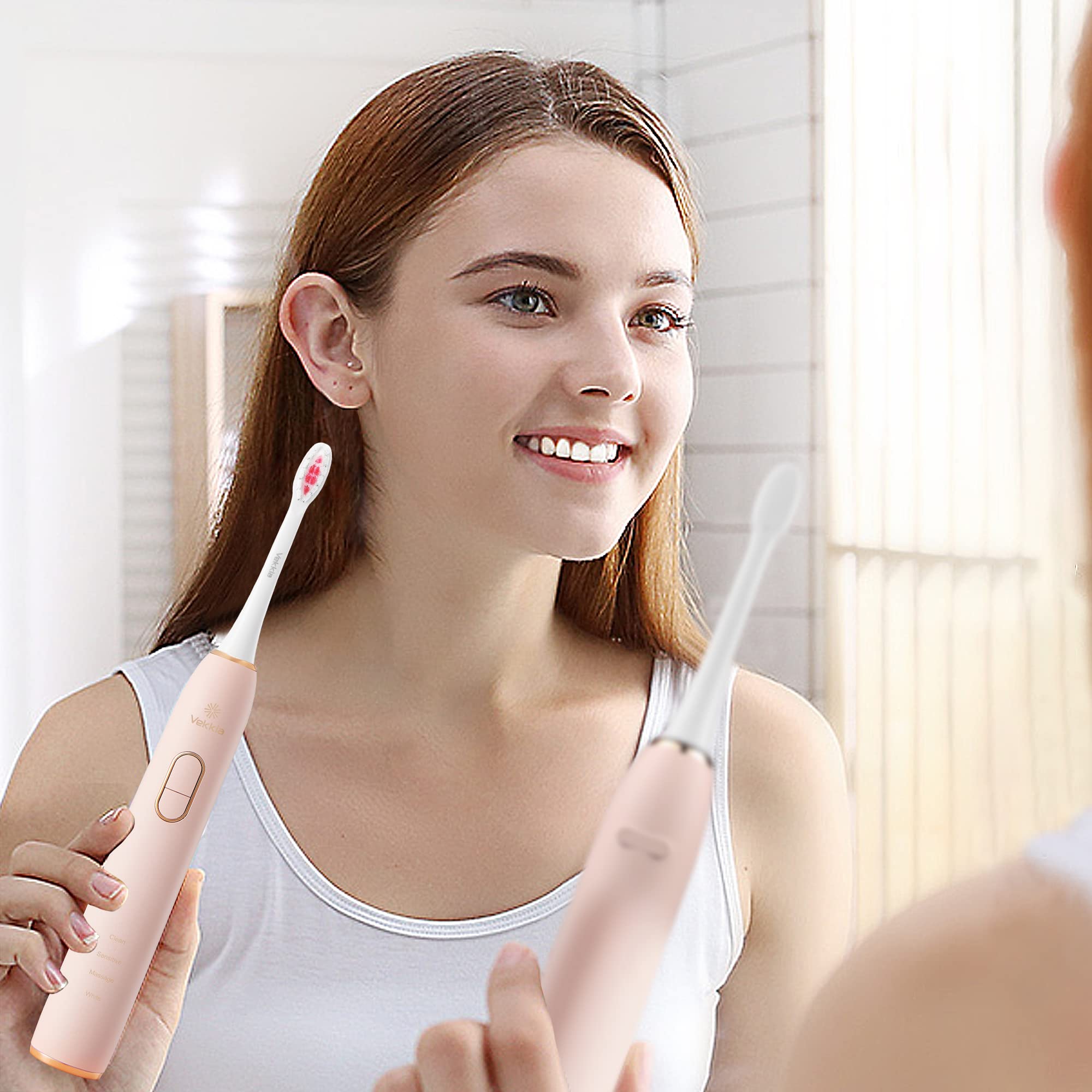 Vekkia Electric Toothbrush and Replacement Heads, Buy a Toothbrush, get 4 More Toothbrush Replacement Heads (Pink Diamond)