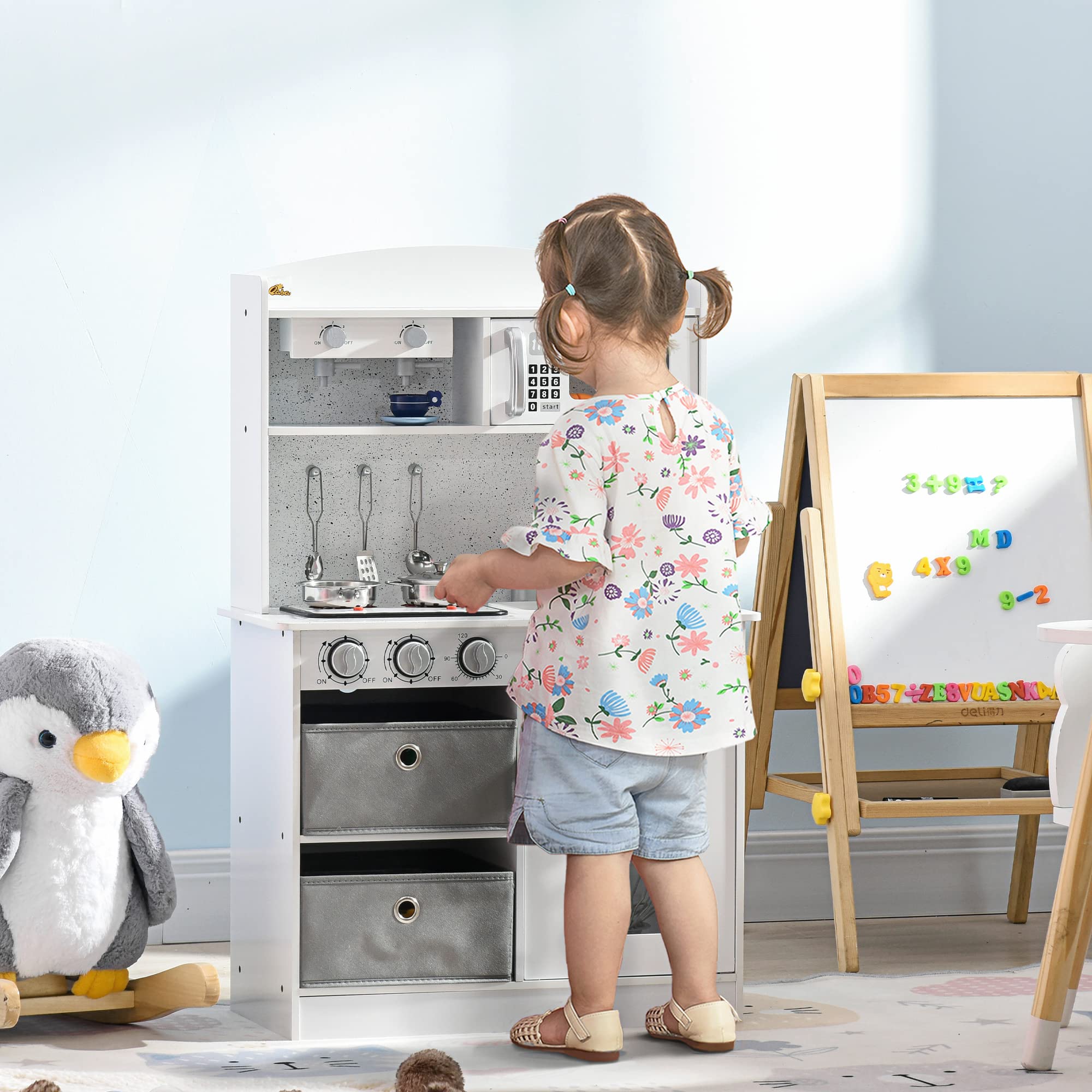 Qaba Wooden Play Kitchen with Easy Toy Organizer Bins, Latte Maker Pretend Play Kitchen Set with Stove Sound Effects, Preschool Imaginative Toy Playset