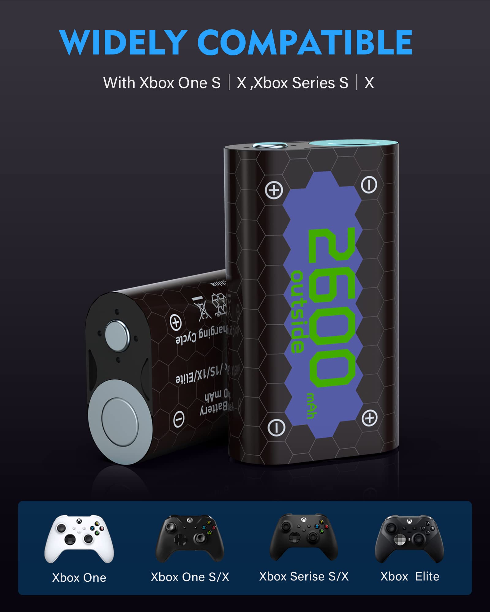 Rechargeable Battery Pack for Xbox One/Xbox Series X|S, 2 X 2600mAh Xbox one Controller Battery Pack, High Capacity Rechargeable Batteries with Charger for Xbox One/One S/One X