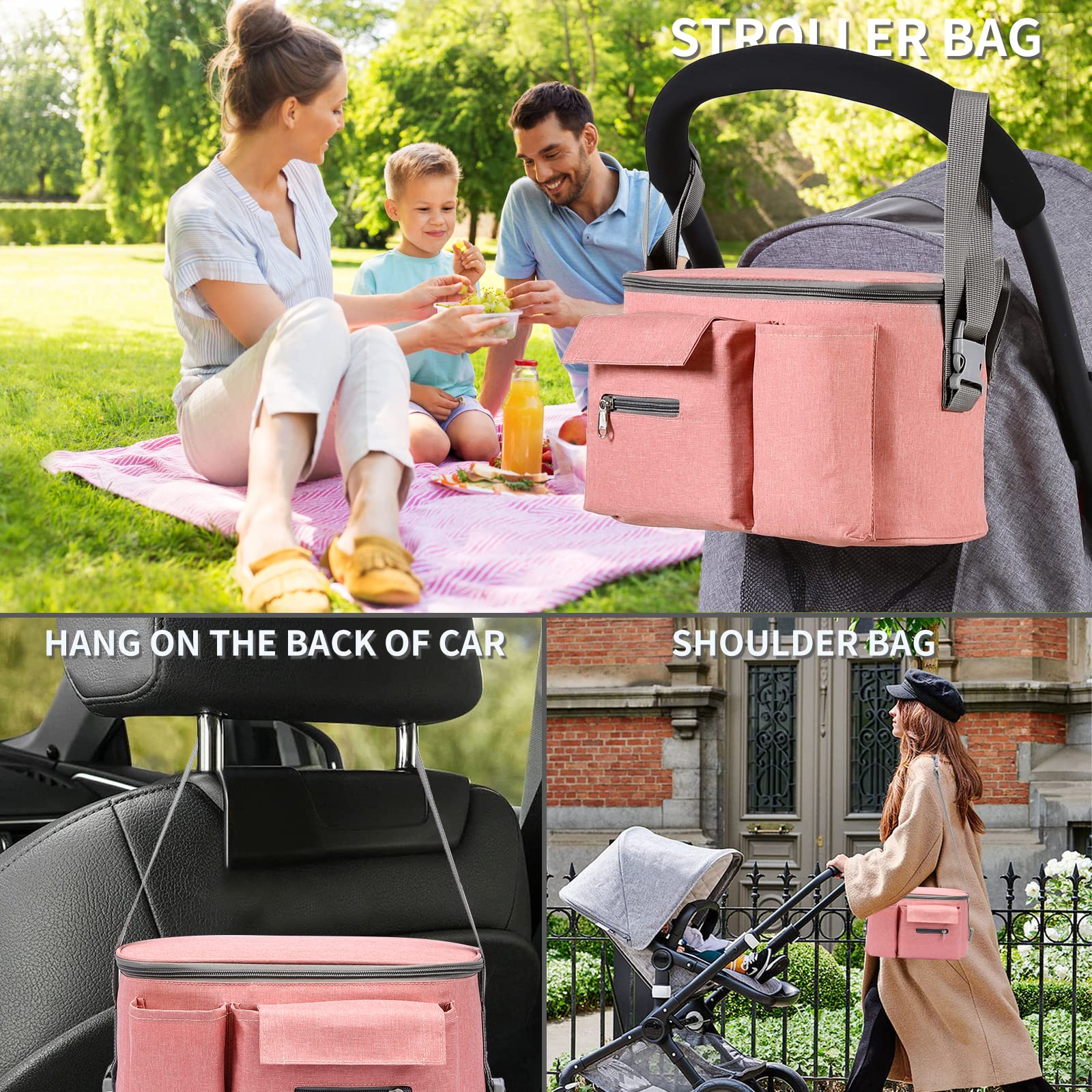 TRENDPLAY Small Diaper Bag, Mini Stroller Organizer Caddy with Wipe Pockets, Caddy with Adjustable Stroller Straps Fit All Strollers, Pink