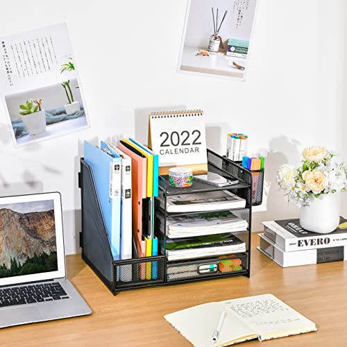 Marbrasse Mesh Desk Organizer with File Holder + Wooden Paper Letter Tray Organizer with Drawer and Pen Holder