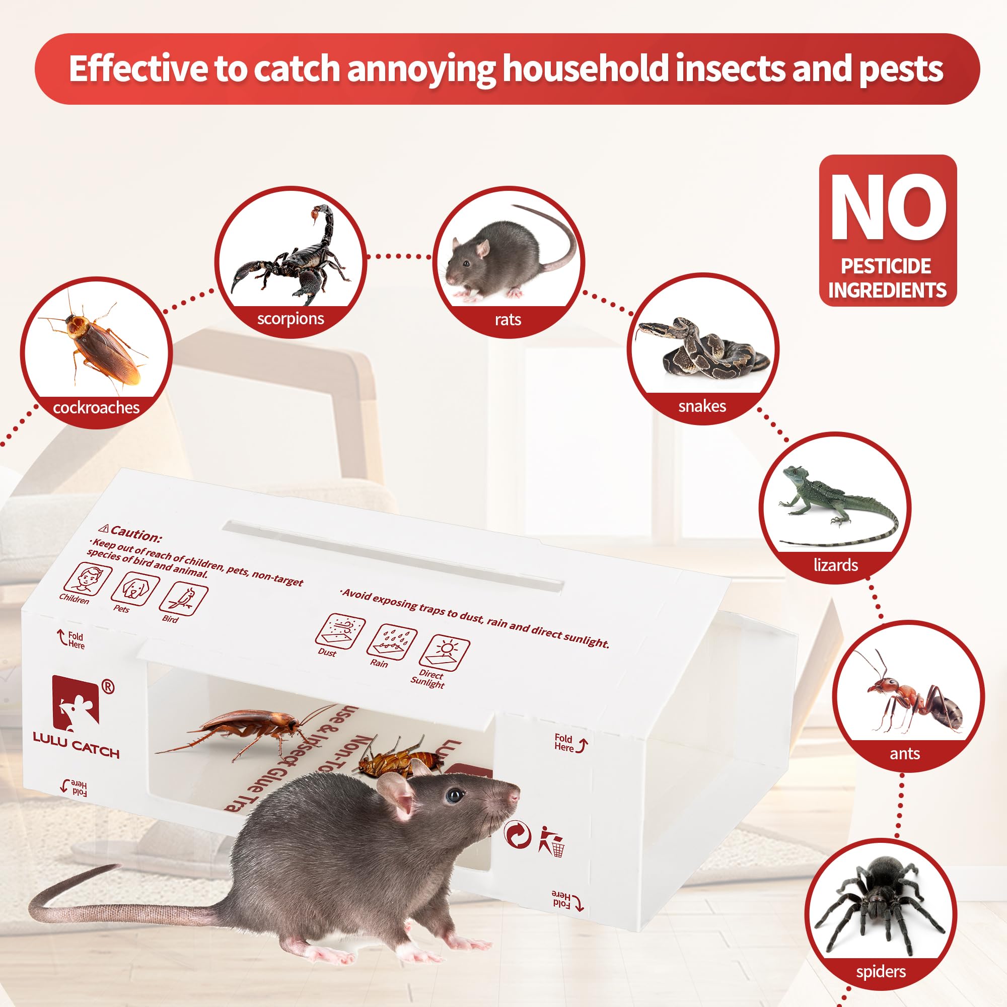 LULUCATCH Sticky Mouse Traps, 12 Pack Pre-baited Glue Traps, Foldable Bulk Non-Toxic Indoor Mouse Glue Boards for Insects, Cockroach, Lizard, & Spider, Pet Child Safe & Easy to Use Pest Control