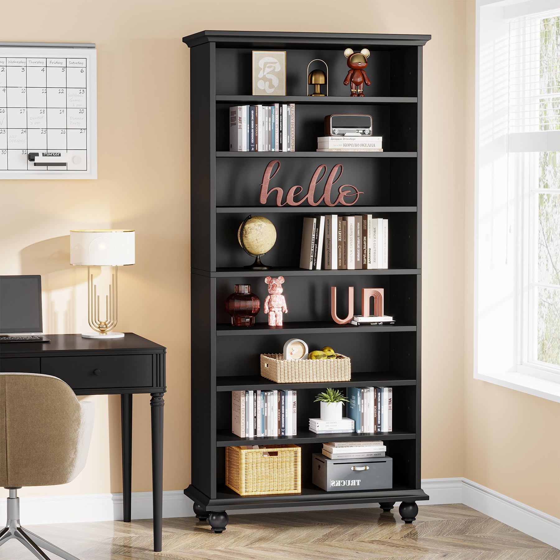 Tribesigns 69-Inch Tall Bookcase with LED Lighting, Modern 9-Tier Freestanding Bookshelf with Solid Wood Legs, Wooden Open Display Shelf Organizer for Living Room, Home Office (1, Black)