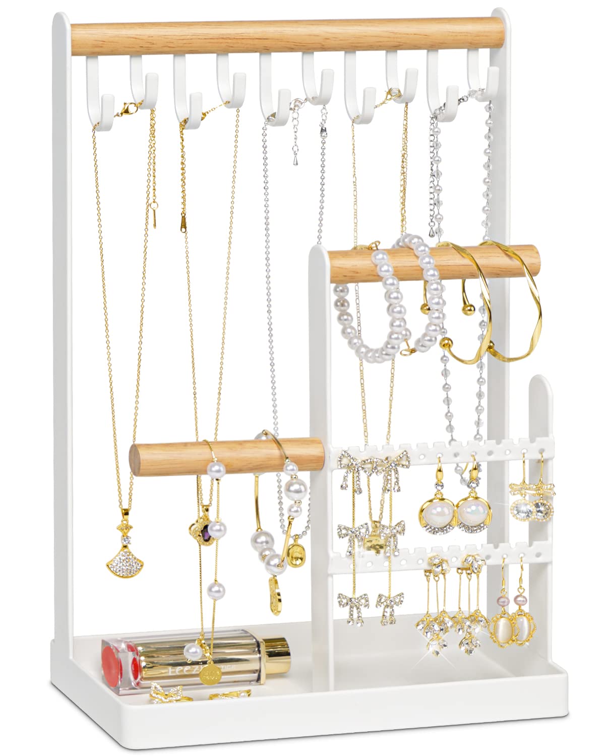 MetWoods Jewelry Holder Organizer with Earring Tray and 10 Hooks, 4 Tier Necklace Holder Display for Earrings Watches Bracelet Rings (White)