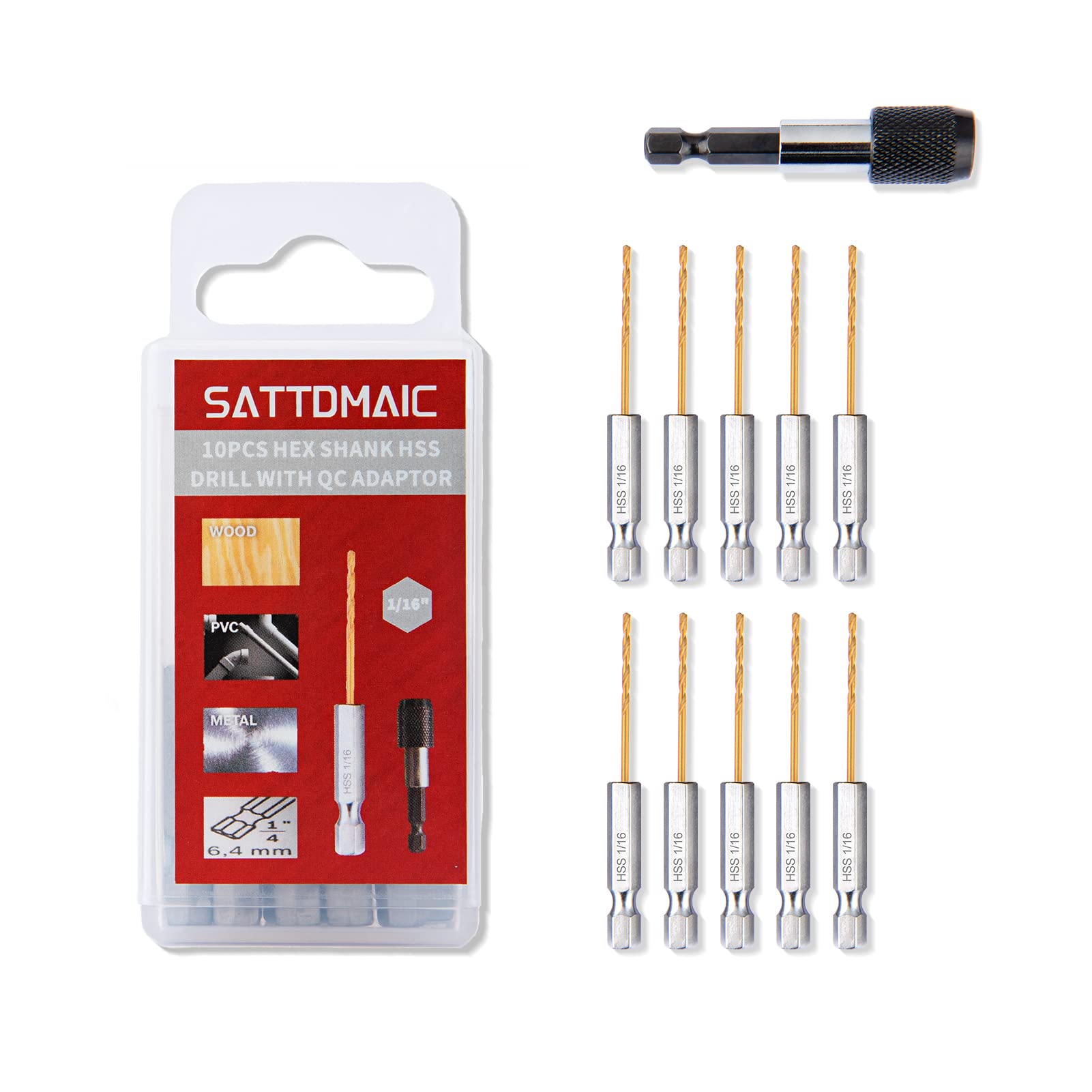 SATTDMAIC 1/16 Hex Shank Drill Bit Set - Titanium Twist Drill Bit Set for Wood, Plastic, Aluminum Alloy, Metal, Impact Driver Drill with Quick Change Adaptor