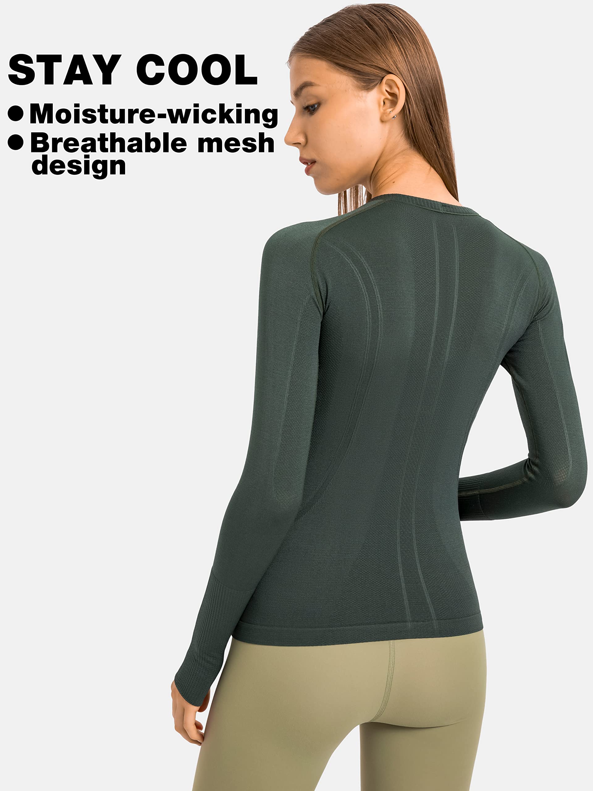 NEPOAGYM Women's Seamless Workout Tops Long Sleeve with Thumb Holes Athletic Shirt Tight Fit(Granite Green,M)