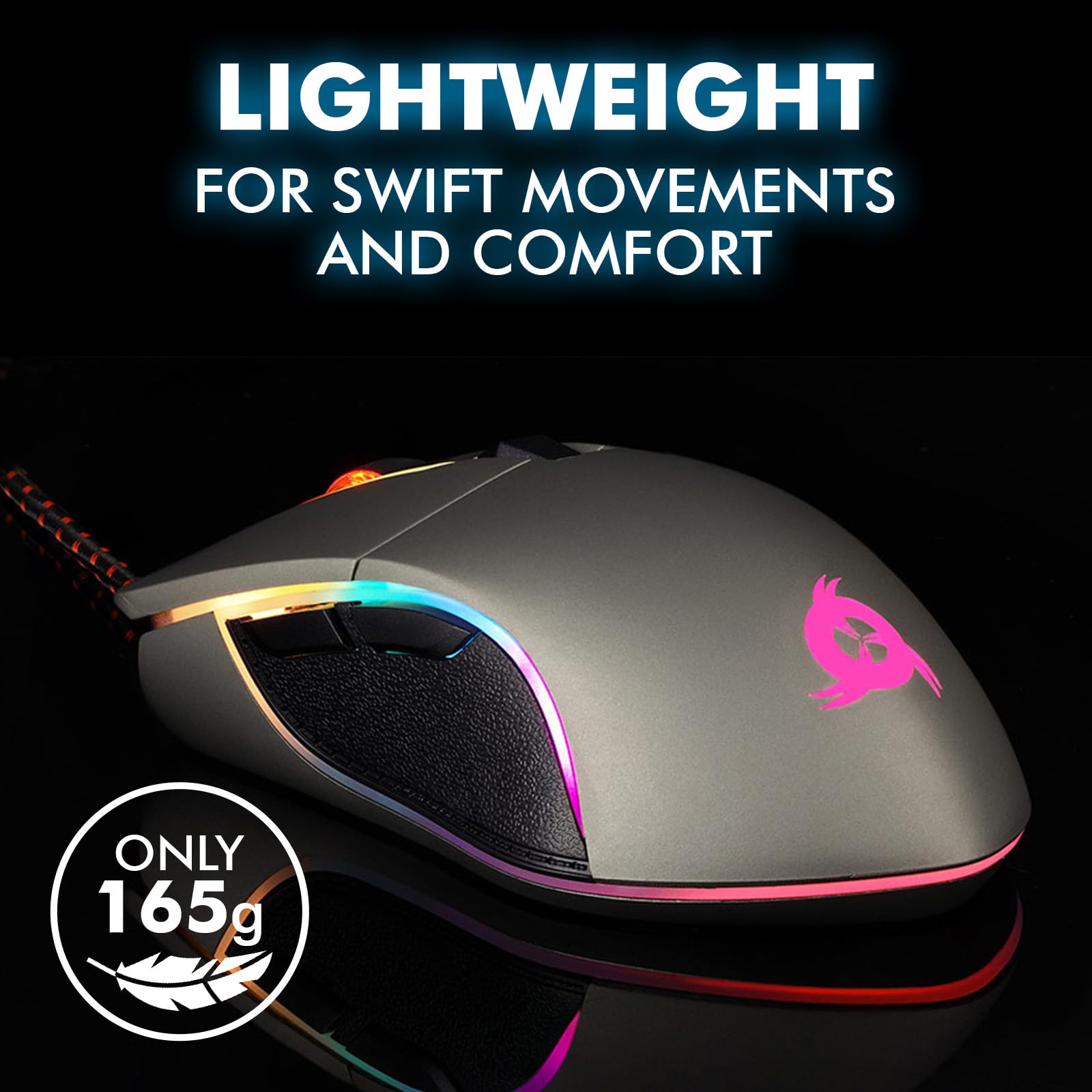 KLIM Aim Gaming Mouse - Wired Ergonomic Gamer USB Computer Mice Chroma RGB - 7000 DPI - Programmable Buttons -Ambidextrous, Ergonomic for Desktop PC Laptop USB Game High Precision Optical Laser, Black
