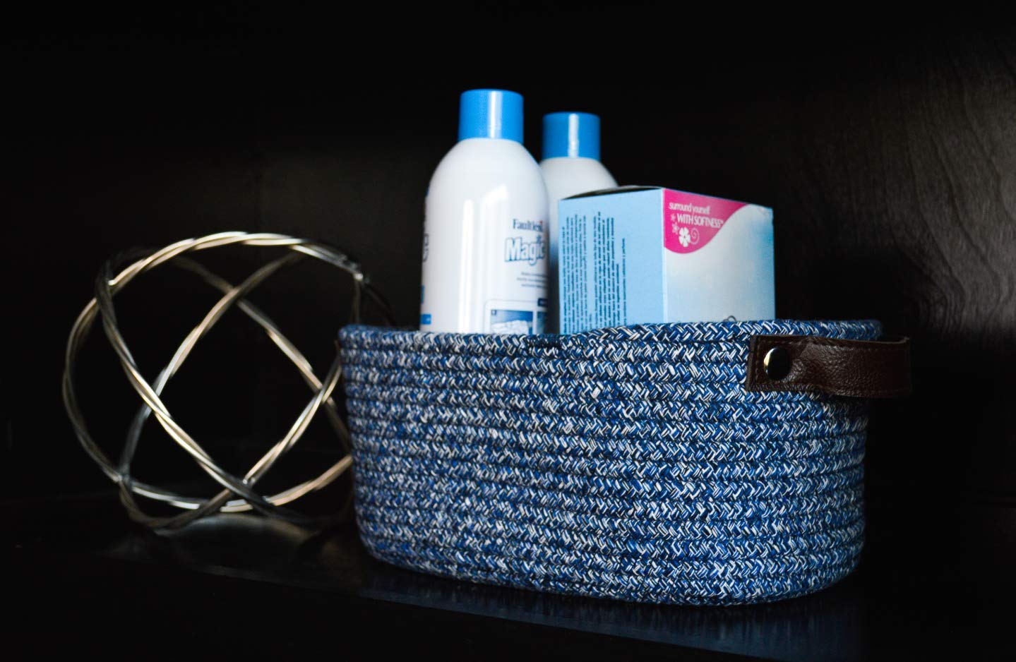 Little Bee Baskets | Small Woven Cotton Basket | Cute Rope Storage Basket for Organization | Small Storage Bin with Leather Handles | Gift Basket | (Blue)