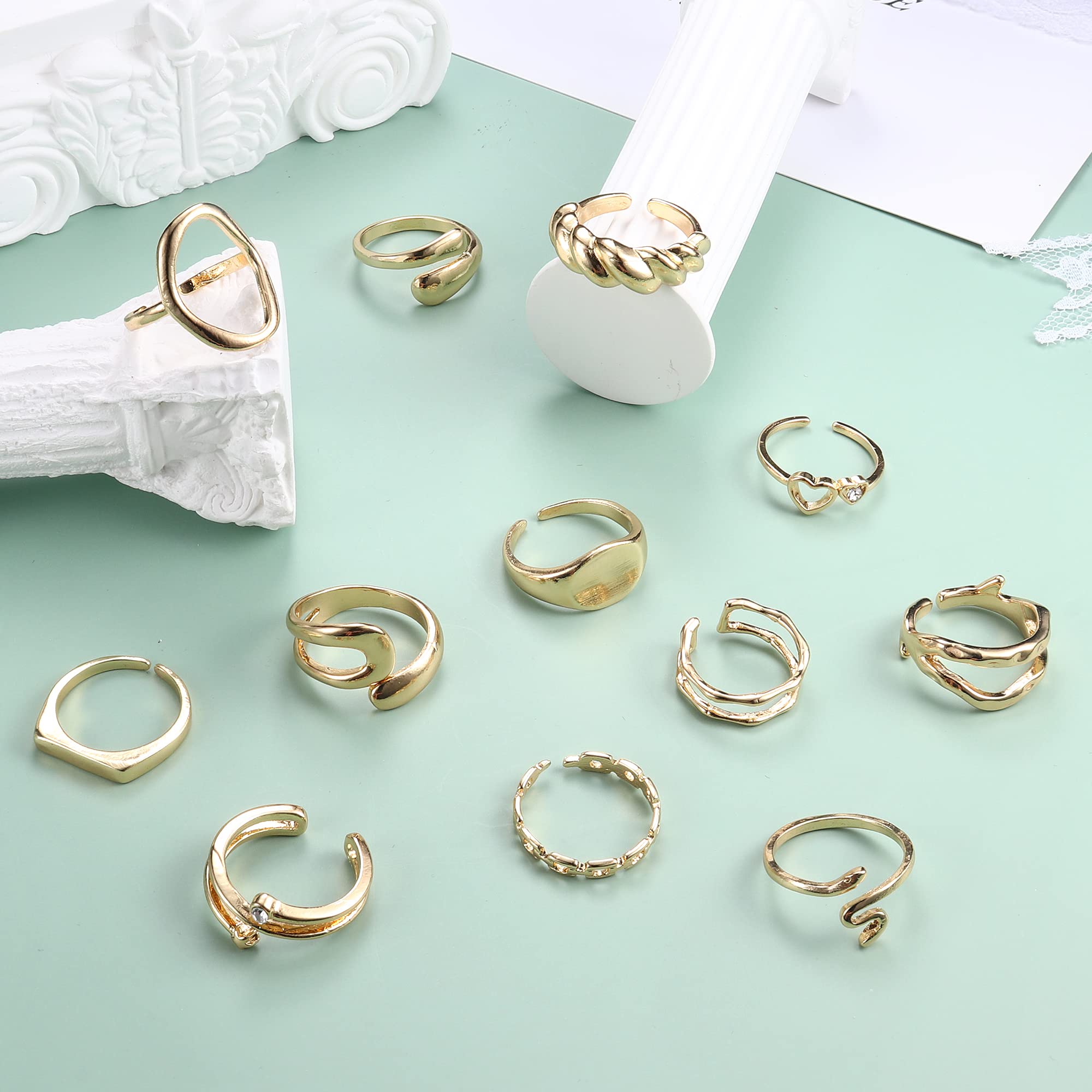 ORAZIO 12PCS Adjustable Rings for Women Gold Plated Chunky Rings Snake Croissant Stackable Adjustable Open Rings Statement Band Rings Jewelry Set