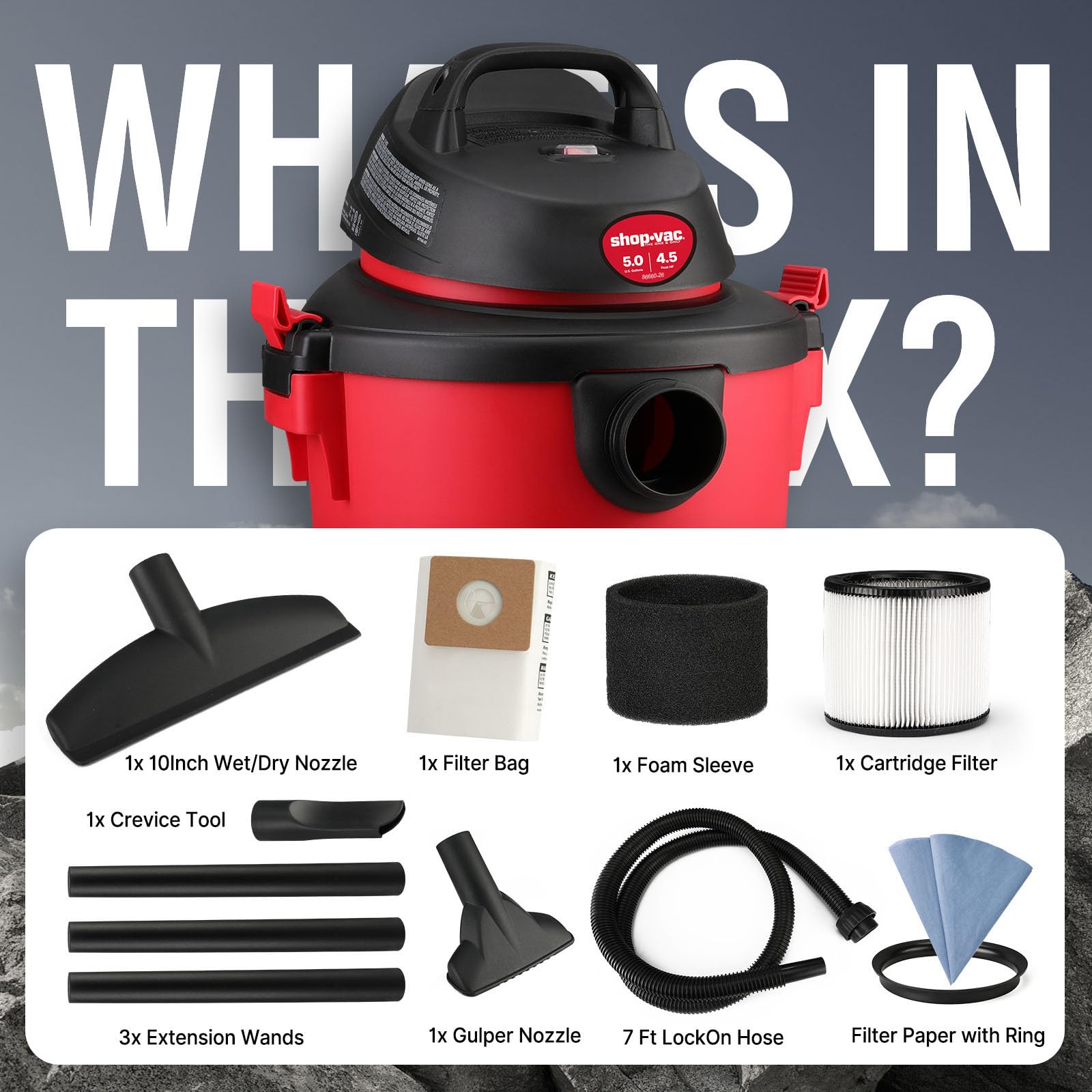Shop-Vac 5 Gallon 4.5 Peak HP Wet/Dry Vacuum, Portable Heavy-Duty Shop Vacuum 3 in 1 Function with Attachments for House, Garage, Car & Workshop, 5971536