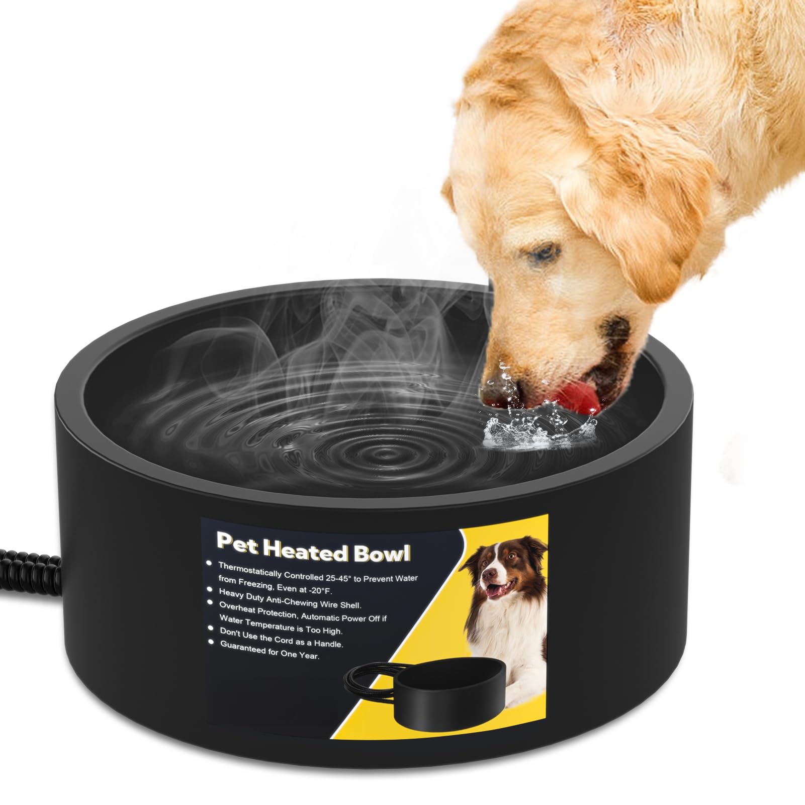 Yicostar Heated Water Bowl for Dogs & Cats, Waterproof Heated Dog Bowl with Chew Resistant Cord, Large Heated Pet Bowl, Provide Warmable Water for Dogs, Cats, Chicken, Birds in Winter 3.2L(Black)