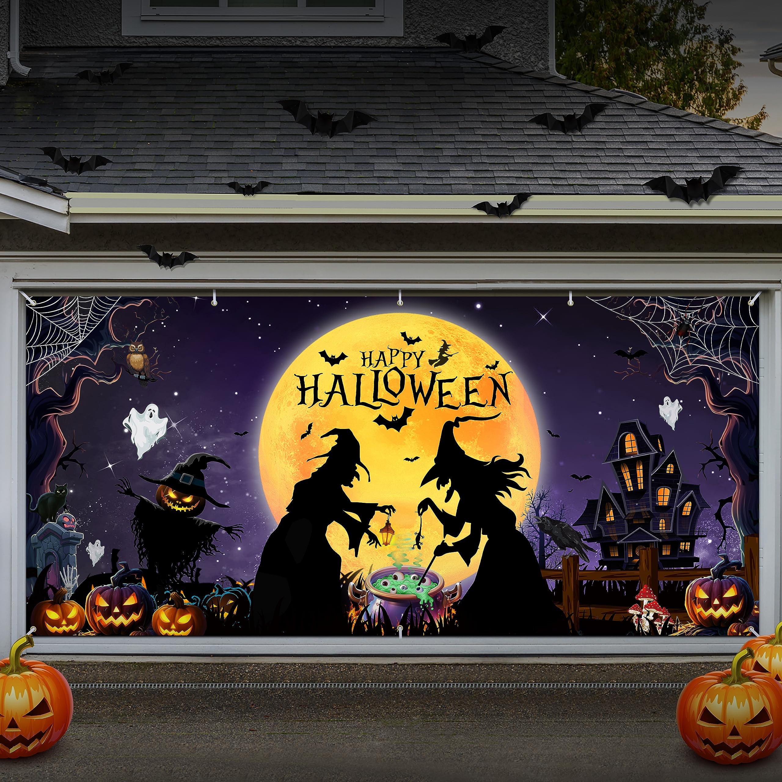 Large Halloween Garage Door Cover Garage Door Decoration Backdrop Party Background Wall Banner for Outdoor Halloween Themed Party Decoration 6 x 13 Ft (Backdrop-01)