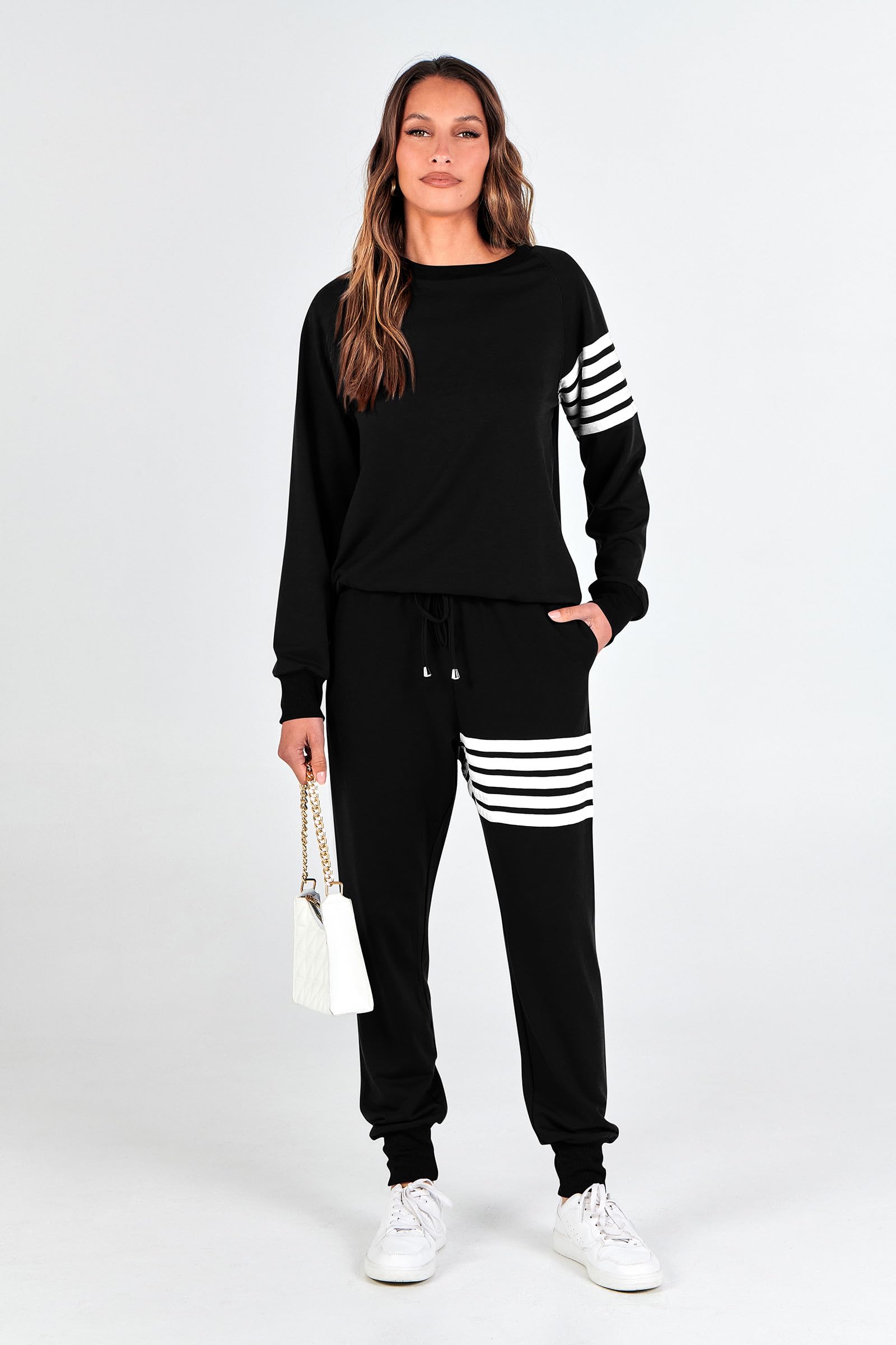 PRETTYGARDEN Women's Two Piece Striped Outfits Casual Long Sleeve Top and Sweatpants Matching Tracksuit Jogger Set (Black,Medium)