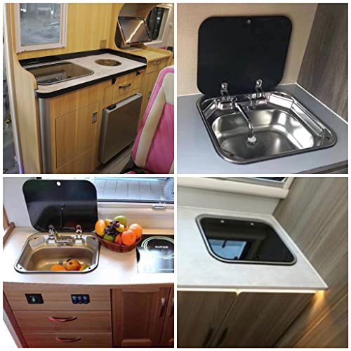RV Sink Kitchen Bar Sink RV Stainless Steel Hand Wash Basin Sink with Folded Faucet Tempered Glass Lid Washbasin for Camper, Trailer, Caravan, RV, Home, Cafe, Bar, Boat
