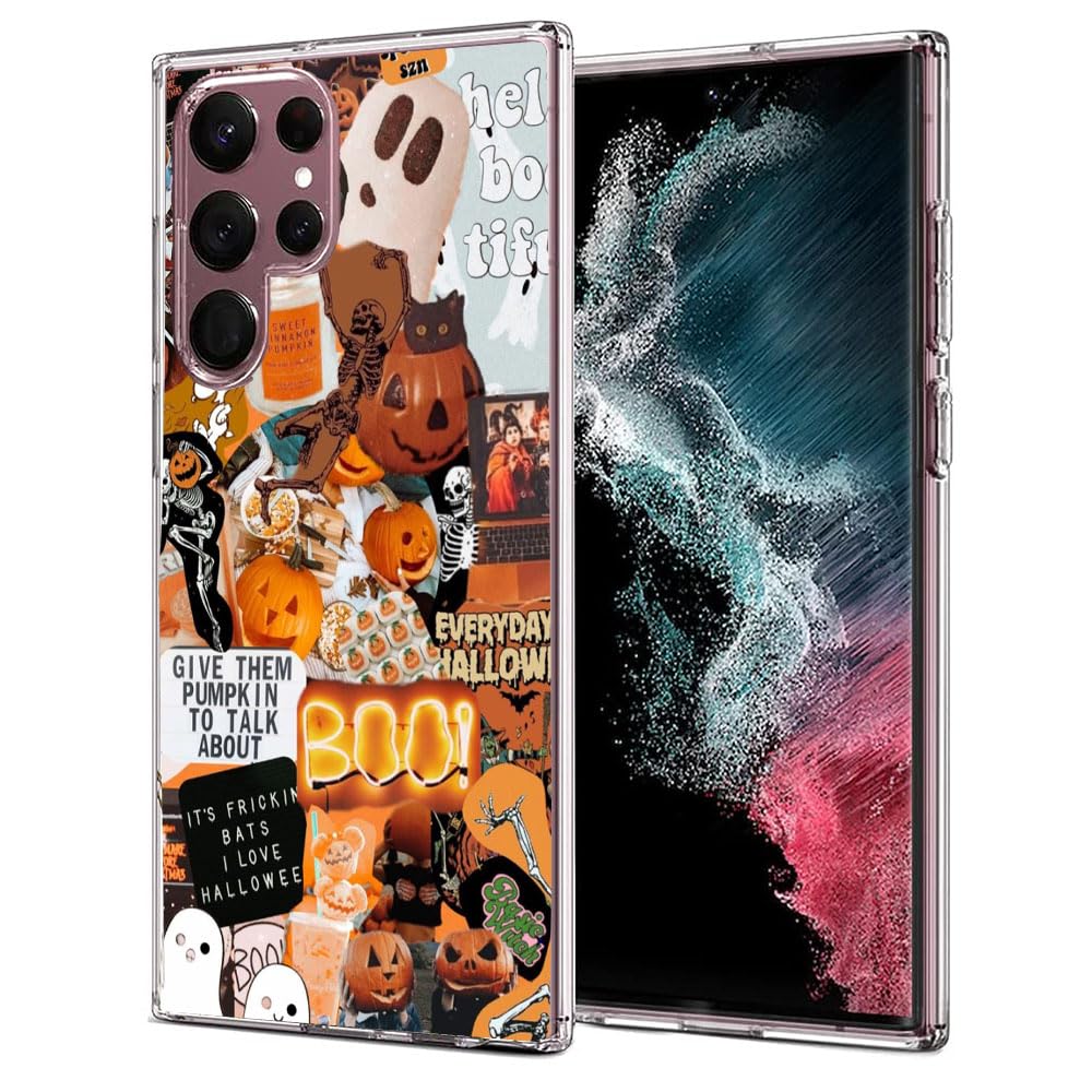 Kyppwh for Samsung Galaxy S22 Ultra Aesthetic Ghost Pumpkin Halloween Collage Pattern Case, Halloween Theme Anti-Scratch Shockproof Soft TPU Case for Galaxy S22 Ultra 6.8 Inch