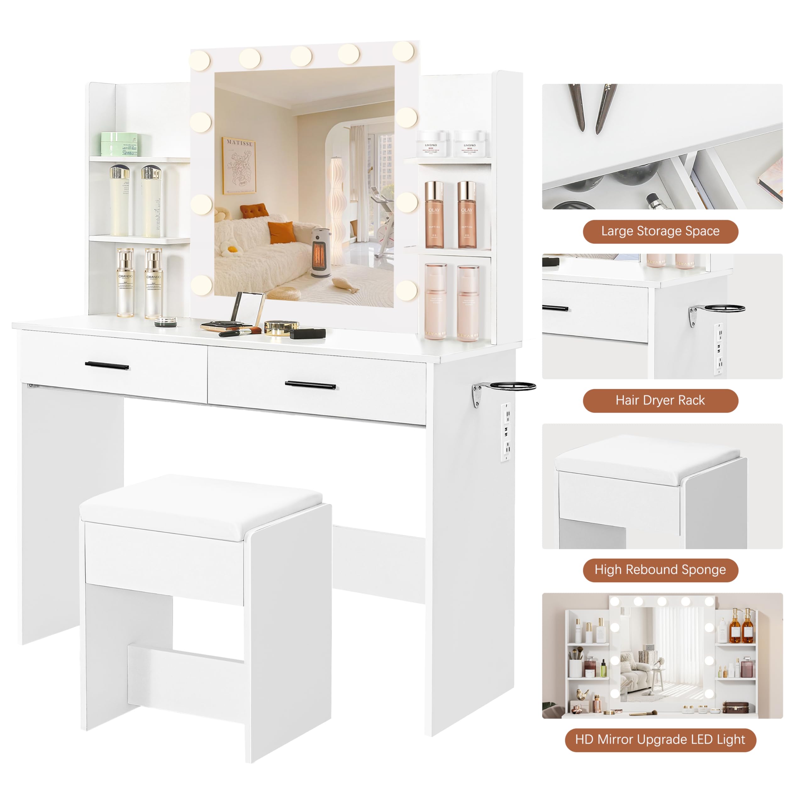 YIKEHOME Makeup Vanity Desk with Mirror and Lights, Makeup Table with 2 Large Drawers, 3 Color Modes Adjustable Bulb, Power Outlet and Round Holder, Dressing Table for Women Girls Bedroom