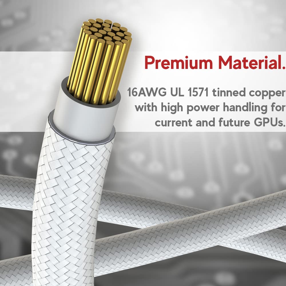 LINKUP - AVA PCIE 5.0 4 x 8Pin to 12VHPWR (16Pin / 12+4) 16AWG Sleeved High Current Power Cable Extension for RTX4000 - PCIE 4.0 PSU - 40cm (White) - Compatible with all RTX4000 and RTX3000 FE GPUs