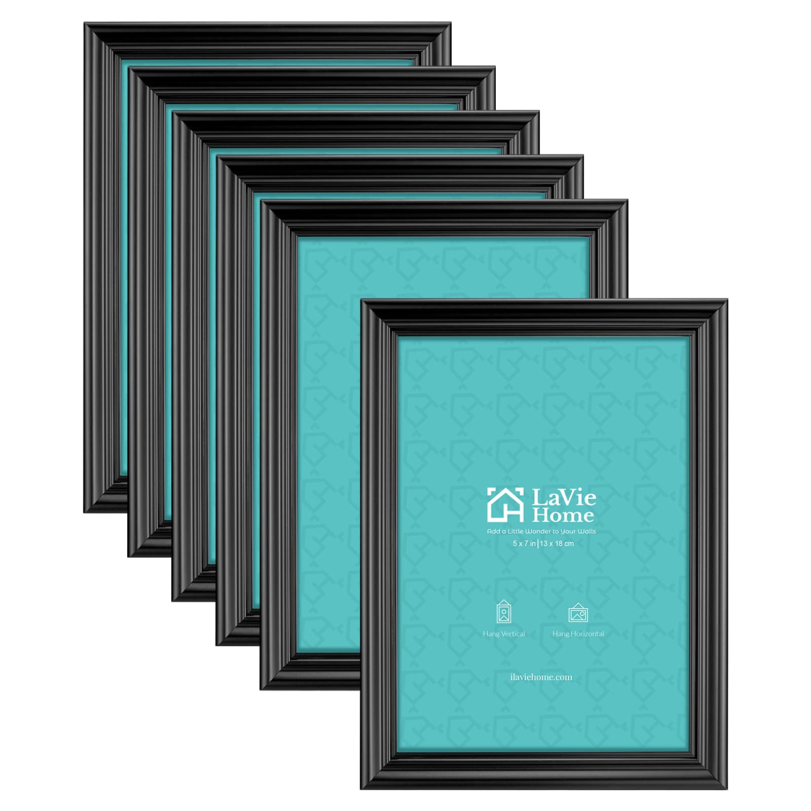 LaVie Home 5x7 Picture Frames(6 Pack, Black) Wall or Tabletop Display, Graceful Beveled Detail Design Photo Frames with High Definition Glass, Perfect for Home Decor, Set of 6 Basic Collection