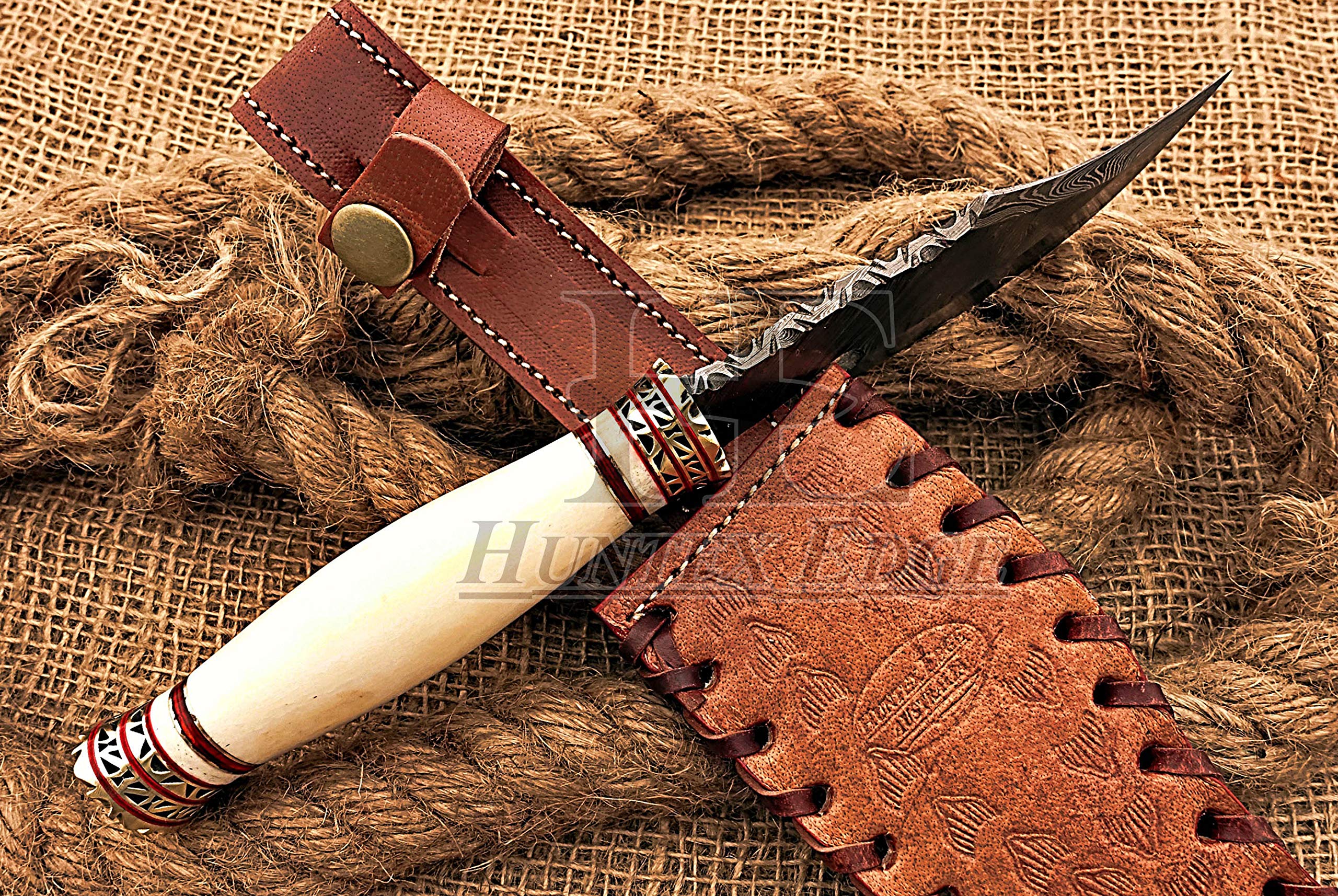 Knife King Handmade Damascus Hunting Knife - Walnut Wood Handle-13.25" Fixed Blade Knife with Leather Sheath-Master Quality EDC Survival Knife-Camping Knife Ideal Gift for Men and Women
