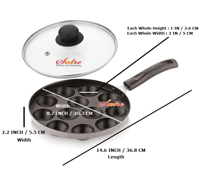 Non Stick Aluminium Appam Maker Pan 12 Pits with Glass Lid, Black