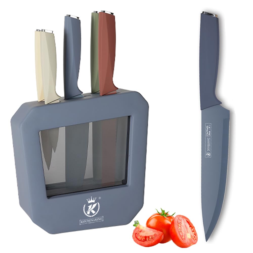 Knife Set, 6 Pcs Color-Coded Kitchen Knife Set, 5 Color Anti-Rust Coating Stainless Steel Kitchen Knife Set with Block, Super Sharp Kitchen Knives with Acrylic Stand, Professional Chef Knife Set
