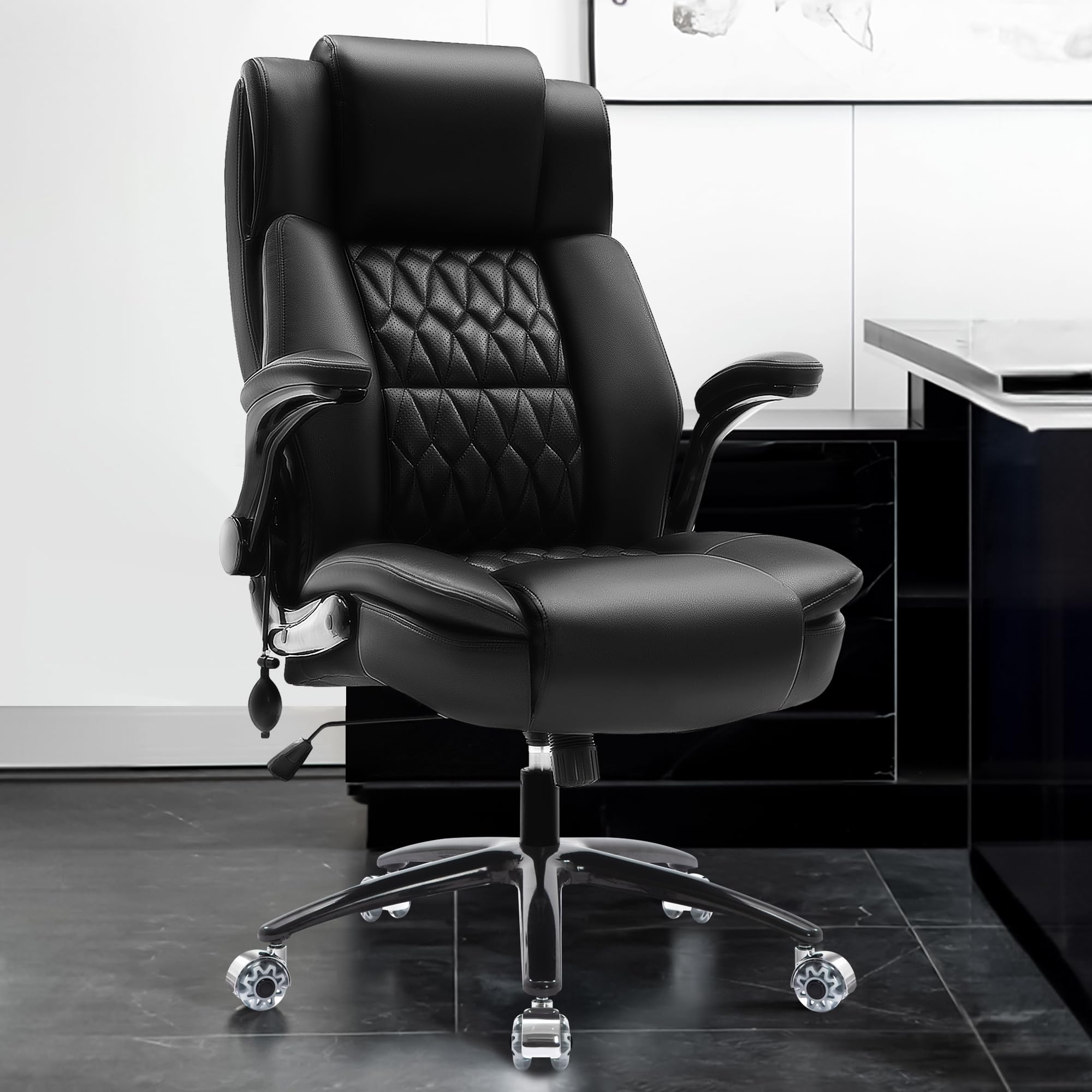 Large High Back Office Chair - Adjustable Lumbar Support Flip Up Arms Heavy Duty Quiet Wheels Metal Base Breathable Bonded Leather Ergonomic Executive Computer Desk Chair with Storage Bags, Black
