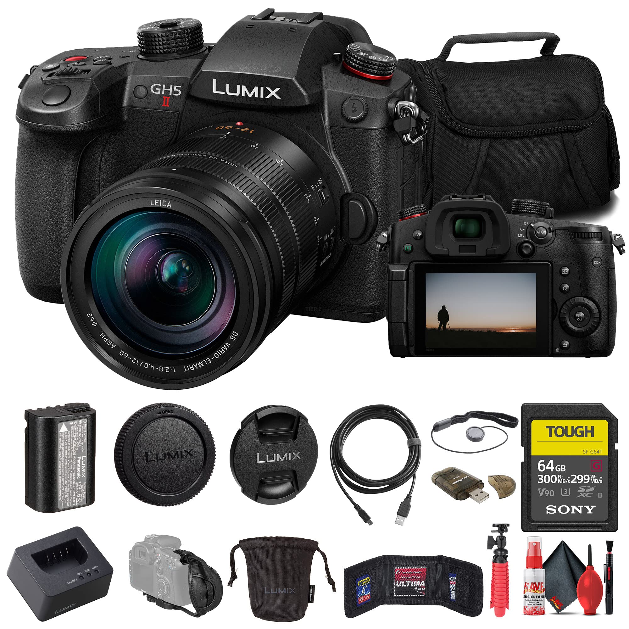 Panasonic Lumix GH5 II Mirrorless Camera with 12-60mm Lens (DC-GH5M2LK) + Sony 64GB Tough SD Card + Card Reader + Case + Flex Tripod + Hand Strap + Memory Wallet + Cap Keeper + Cleaning Kit (Renewed)