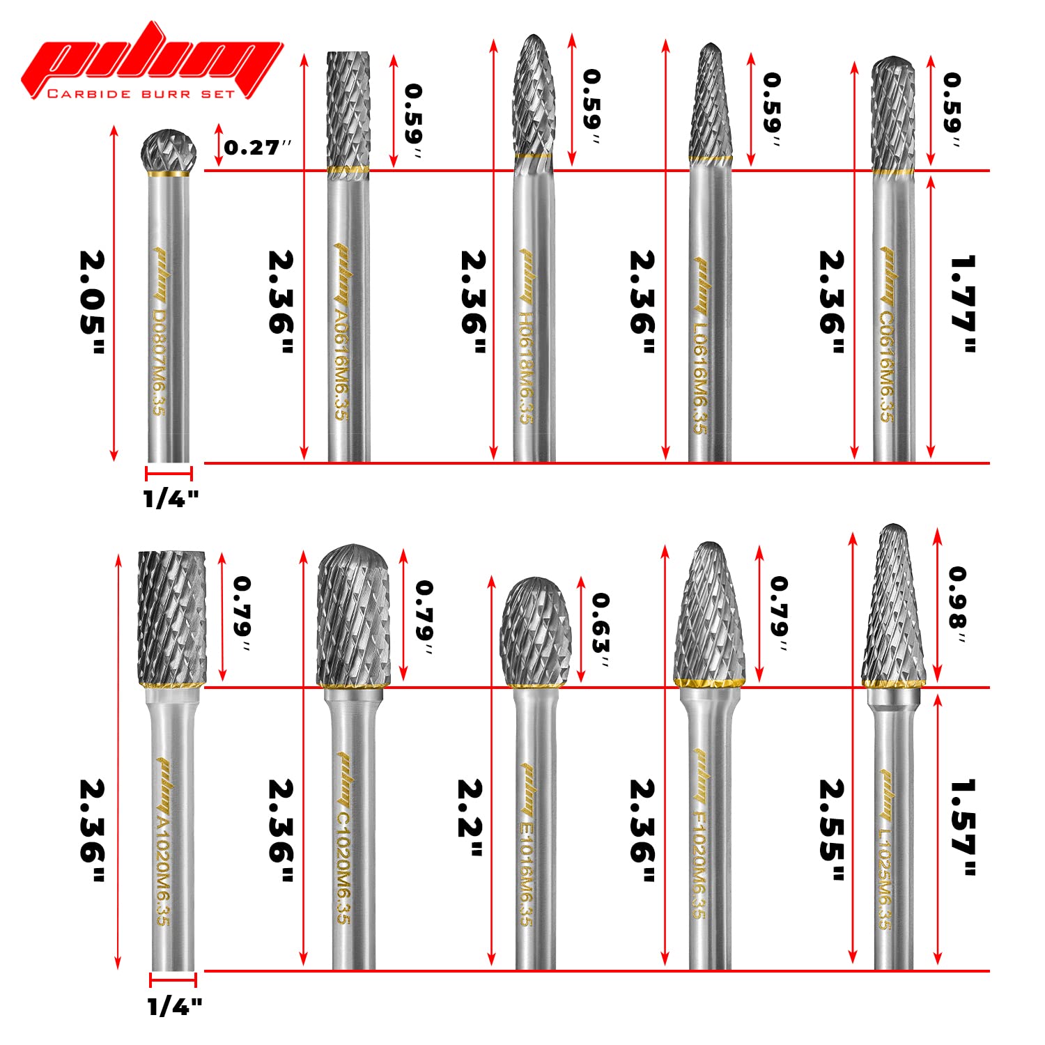 Tungsten Carbide Burr Set 1/4" Shank 10PC Double Cut Rotary Cutting Burrs Die Grinder Bits for Steel and Wood Working, Grinding, Carving, and Engraving