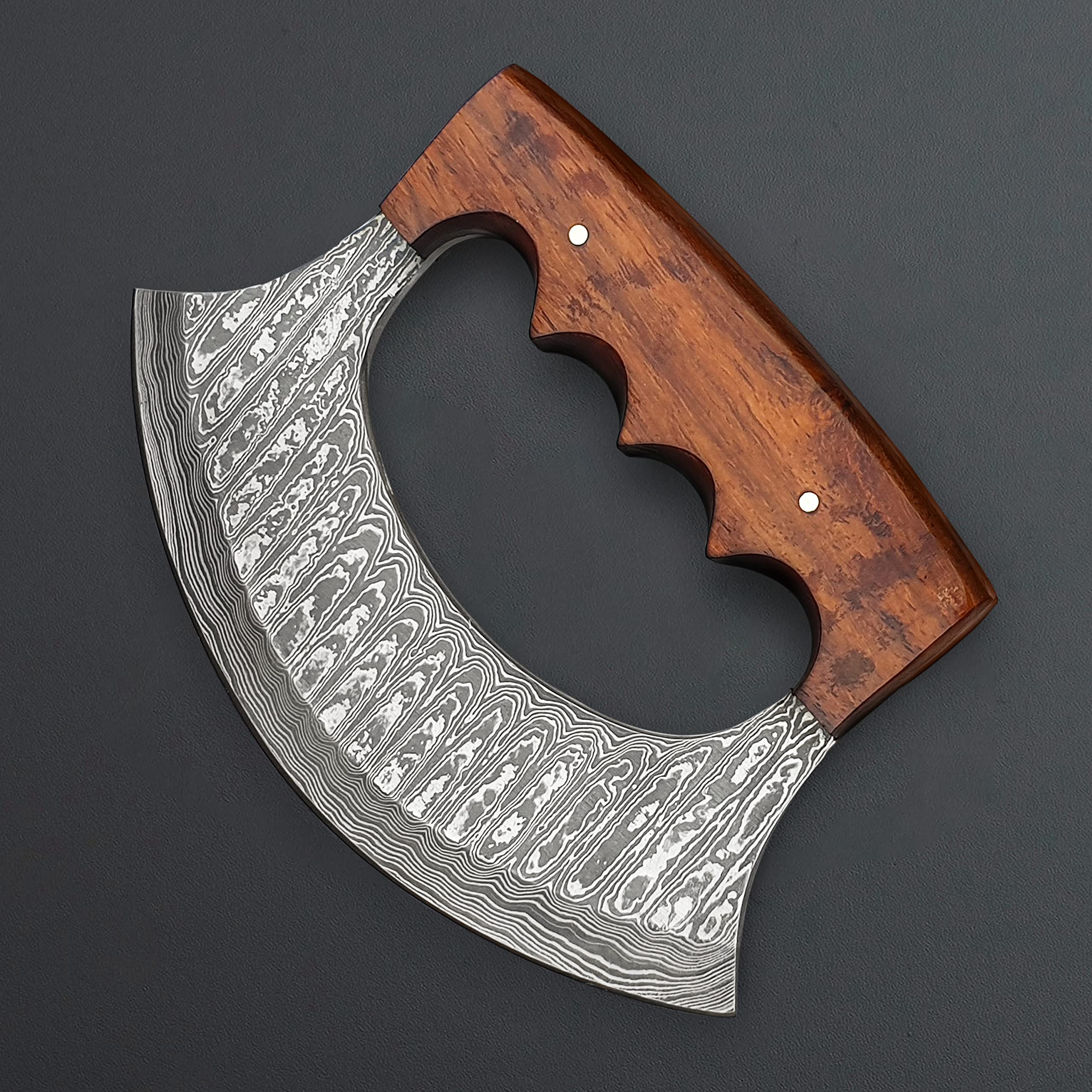 One Handed Rocker Damascus Ulu Knife With Sheath, Rocker Knife For One Handed Cutting, 5.5 Inches Rocker Damascus Ulu Knife, Heavy Duty Rocker Knife / Ulu Knife / Mezzaluna Knife (Rose Wood)