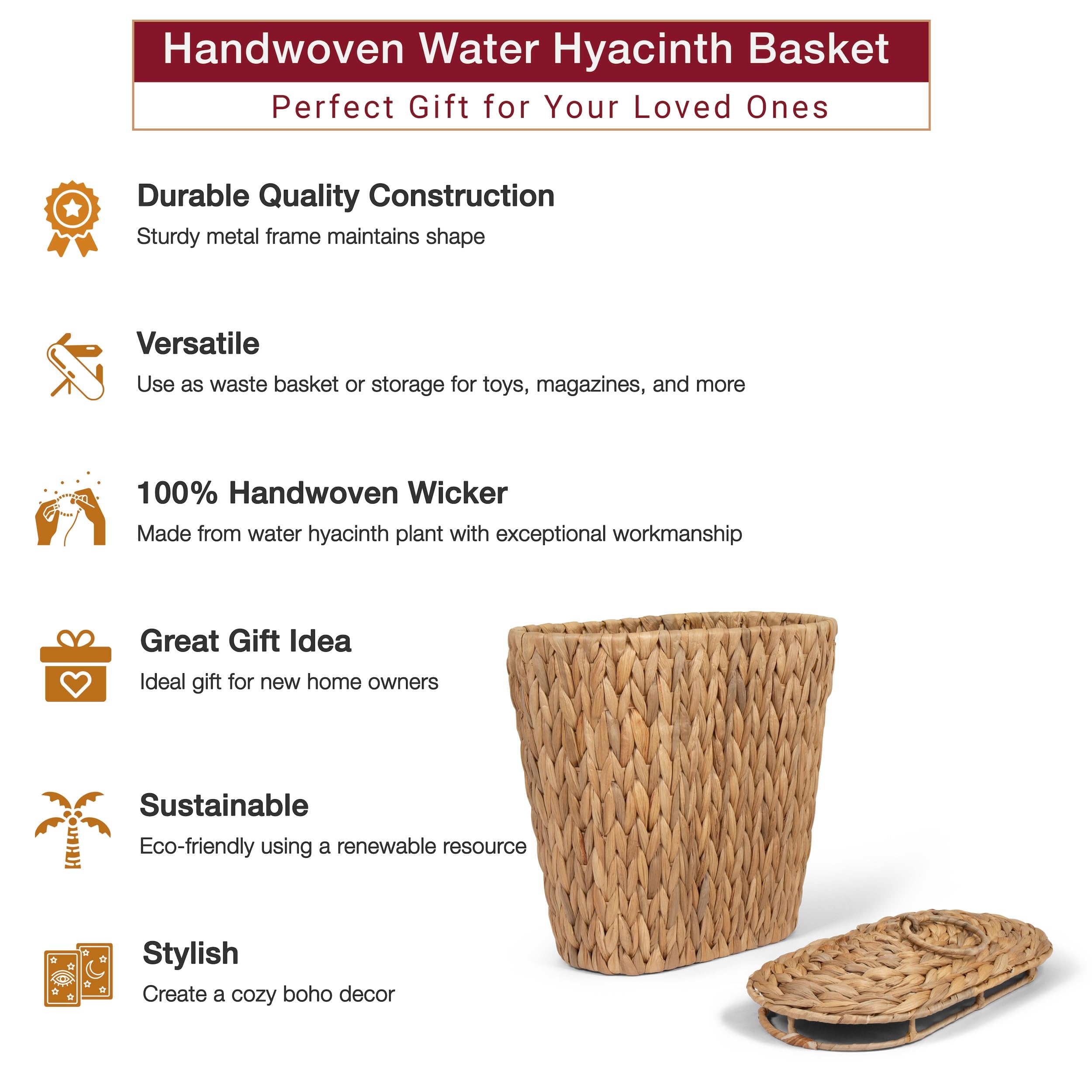 SNOWECRAFT 2-Pack Slim Wicker Basket with Lid β Small Waste Basket for Narrow Spaces | Rattan Decor - Handwoven Water Hyacinth Baskets and Covers | Covered Trash Can - Set of Two
