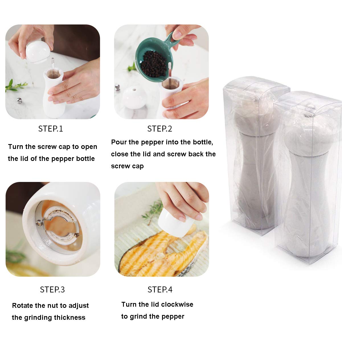 Pepper Grinder, Salt and Pepper Grinder, Salt Grinder, Elegant Wood Salt and Pepper Mill, Ceramic Grinder Core, Refillable Manual Spice Mill Adjustable Coarseness Salt Pepper Grinder
