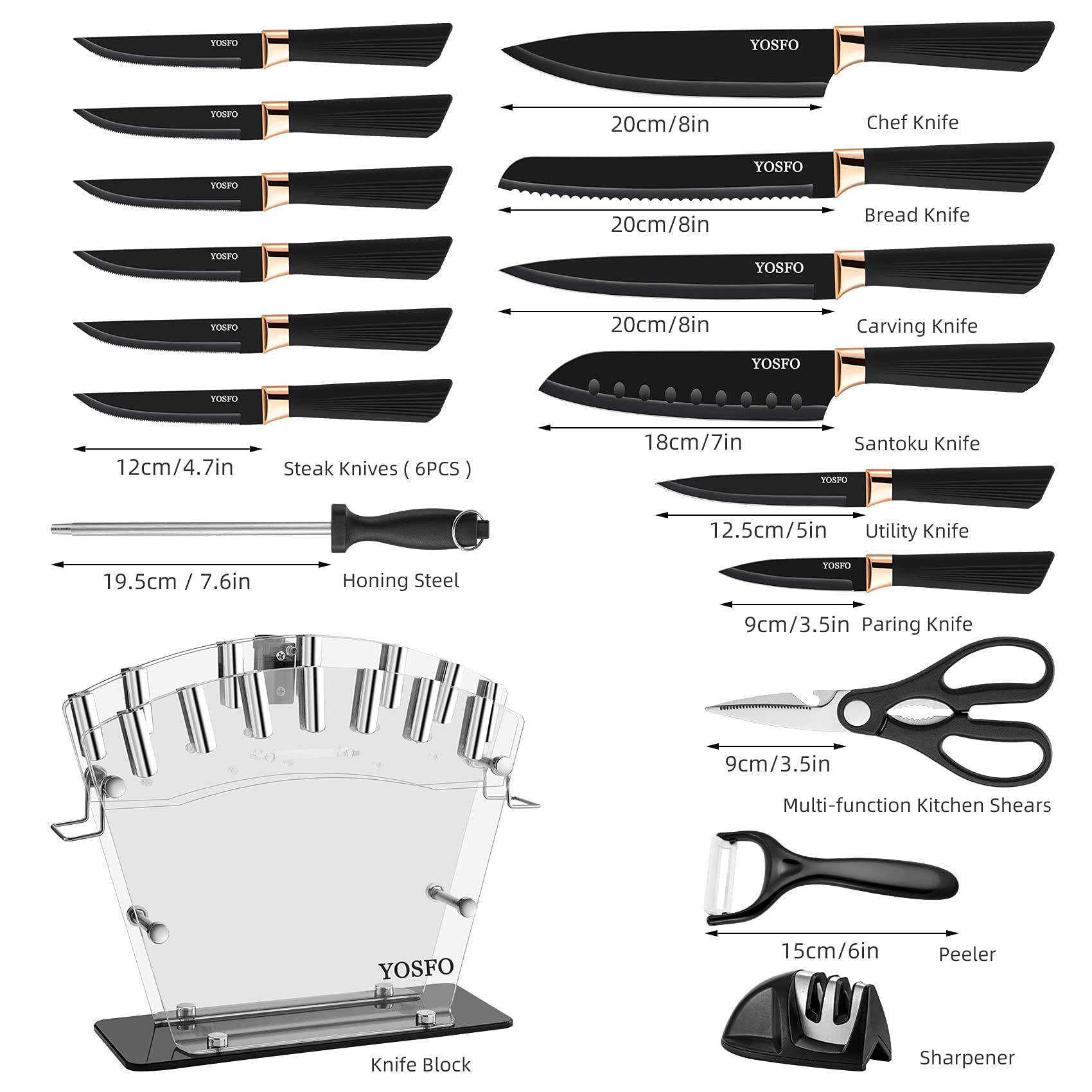 Knives Set with Acrylic Stand, 17Pcs Stainless Steel Knife Block Set includes Serrated Steak Knives Set, Chef Santoku Knives, Scissor, Sharpener and Knife Holder (Black Knife Set with Block)