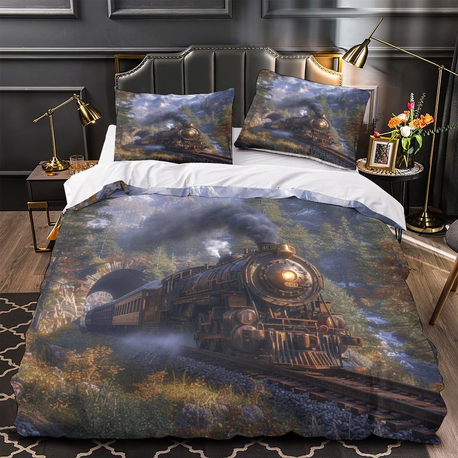YYANQIN Steam Train Bedding Set, 3D Printing 3 Piece Sets Quilt Cover Soft Microfibre Quilt Cover with Pillowcases and Zipper Closure for Home Decor Bed Twin(173x218cm)