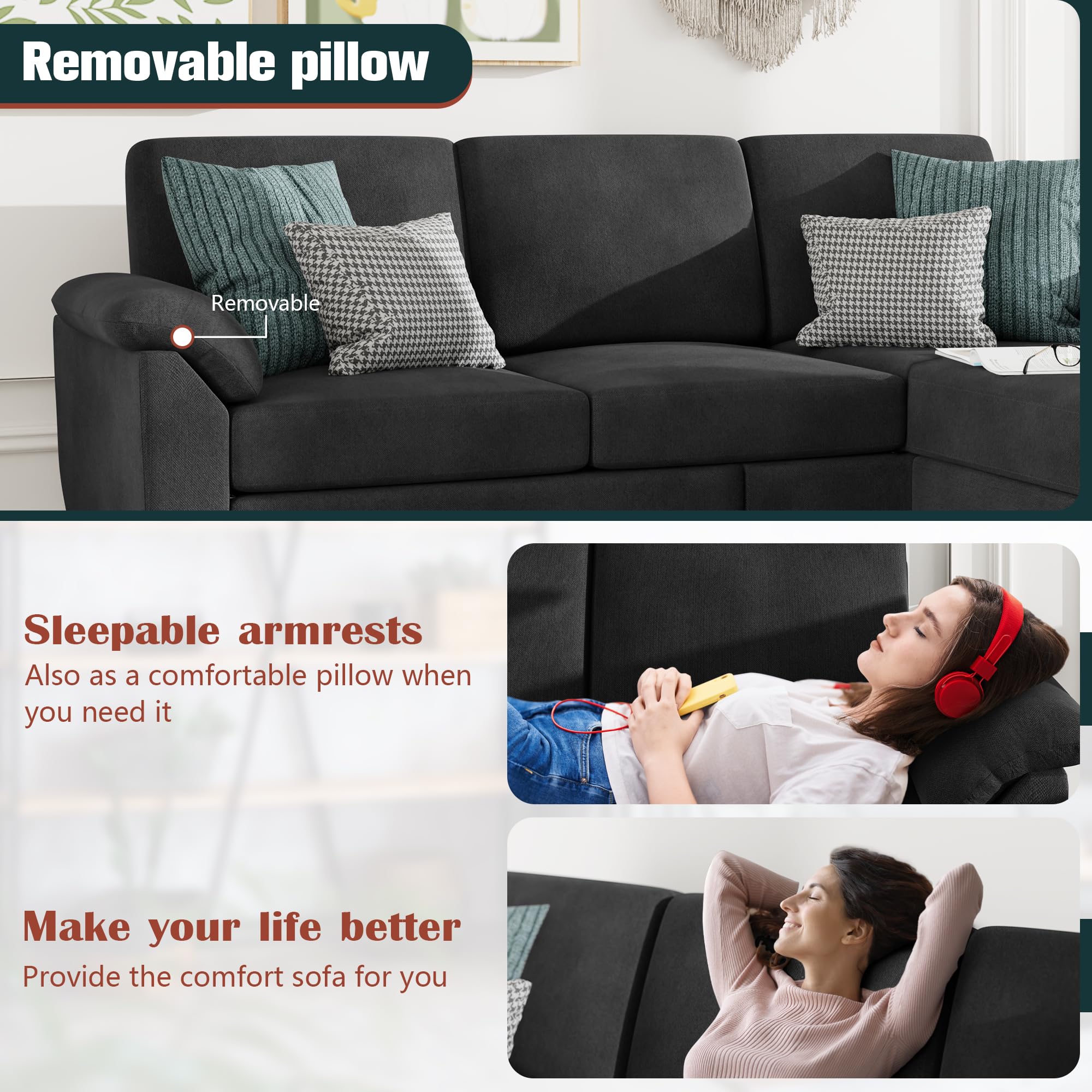 Vongrasig 79" Convertible Sectional Couch, 3 Seat L Shaped Sofa with Removable Pillows Linen Fabric Small Couch Mid Century for Living Room, Apartment and Office (Black)