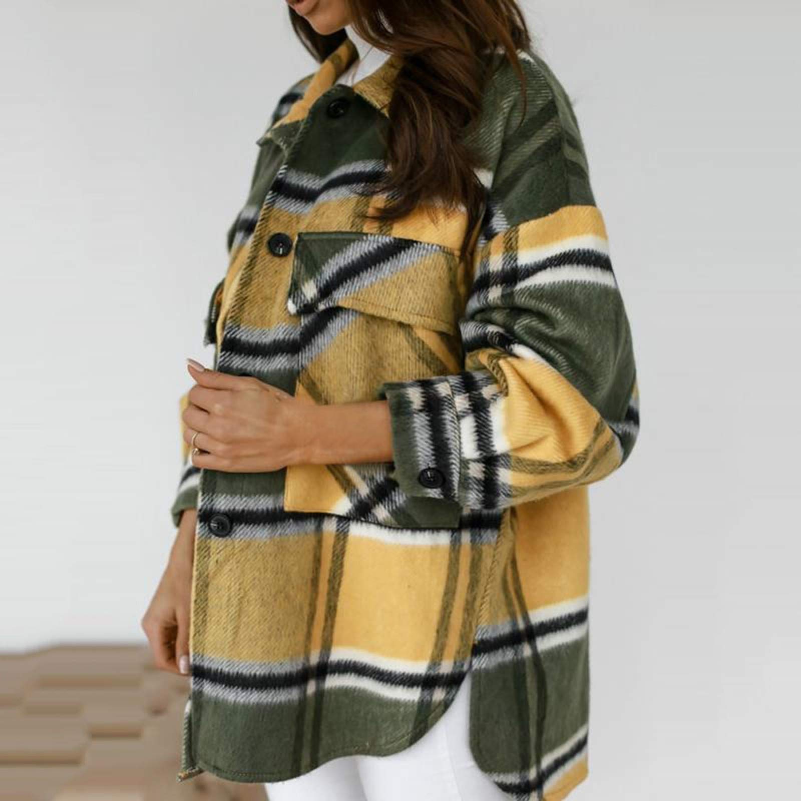 Plaid Shacket Womens, Womens Corduroy Button Down Shirts Boyfriend Long Sleeve Oversized Blouses Tops Plaid Jackets for Women Yellow