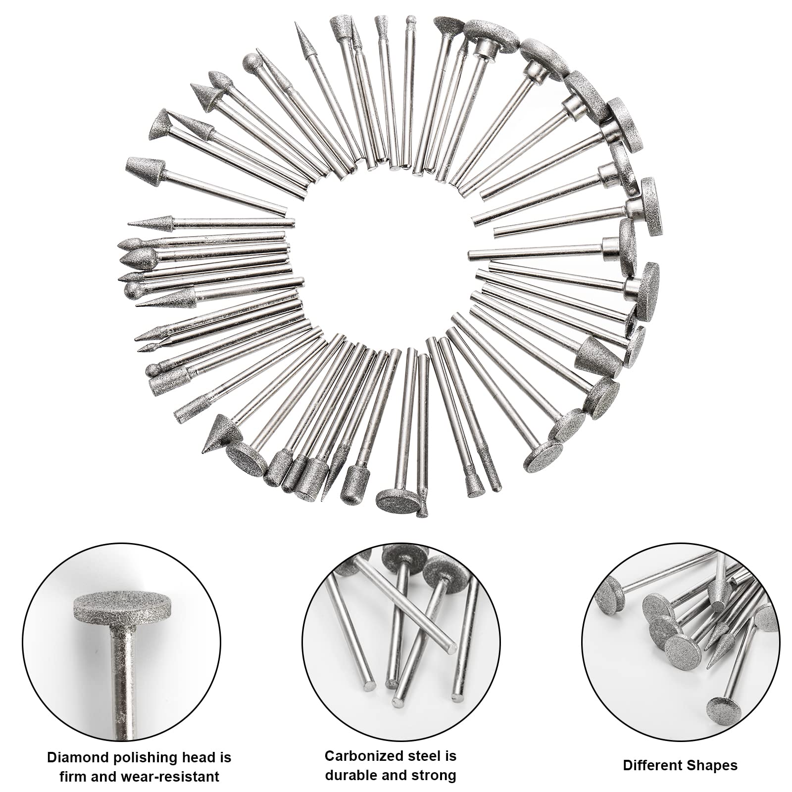 Lawei 50-Pack Diamond Burr Set, 1/8 Inch Shank Diamond Grinding Bits, Polishing Rotary Tools for Carving/Engraving Stone, Rocks, Jewelry, Glass, Ceramics for Rotary Tools, 3mm Mandrel