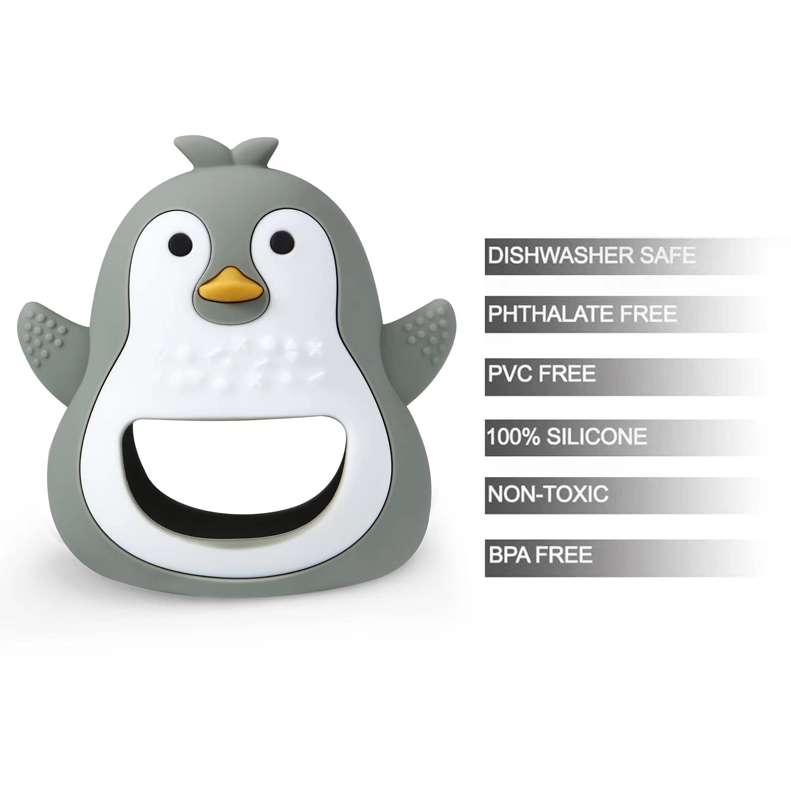 PandaEar Penguin Silicone Baby Teething Toys 6-36month| Never Drop Baby Chew Toys for Sucking Needs| Hand Teether Mitten for Breast Feeding Babies Infants Newborn (Grey)