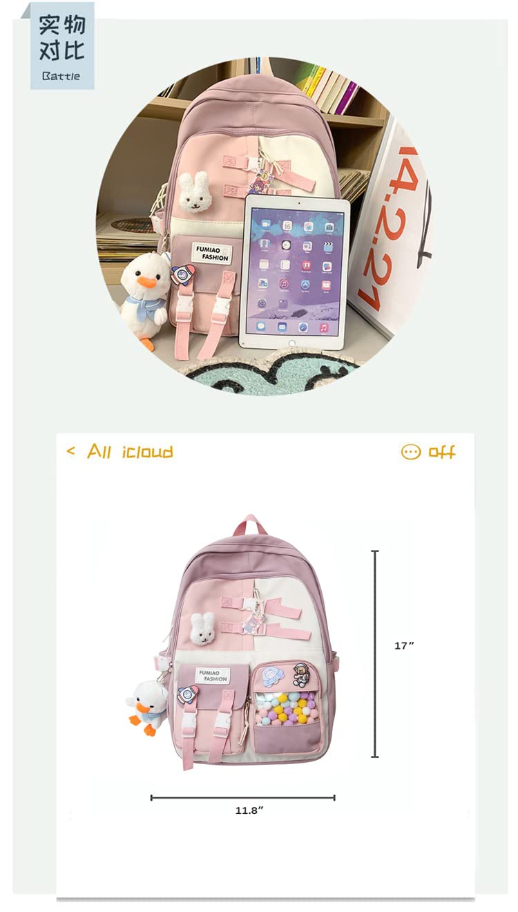 MWZING Kawaii Backpack with Cute Pin Accessories Plush Pendant Kawaii Cute Aesthetic Backpack GREEN
