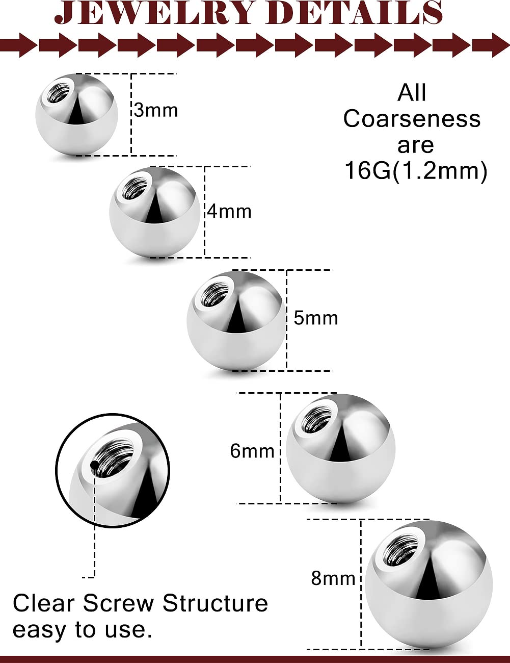 Prjndjw 25Pcs 16G Replacement Balls Externally Threaded Surgical Steel Piercing Balls Industrial Barbell Septum Eyebrow earring Lip Tongue Nipple Belly Button Piercing Rings Parts 3MM 4MM 5MM 6MM 8MM