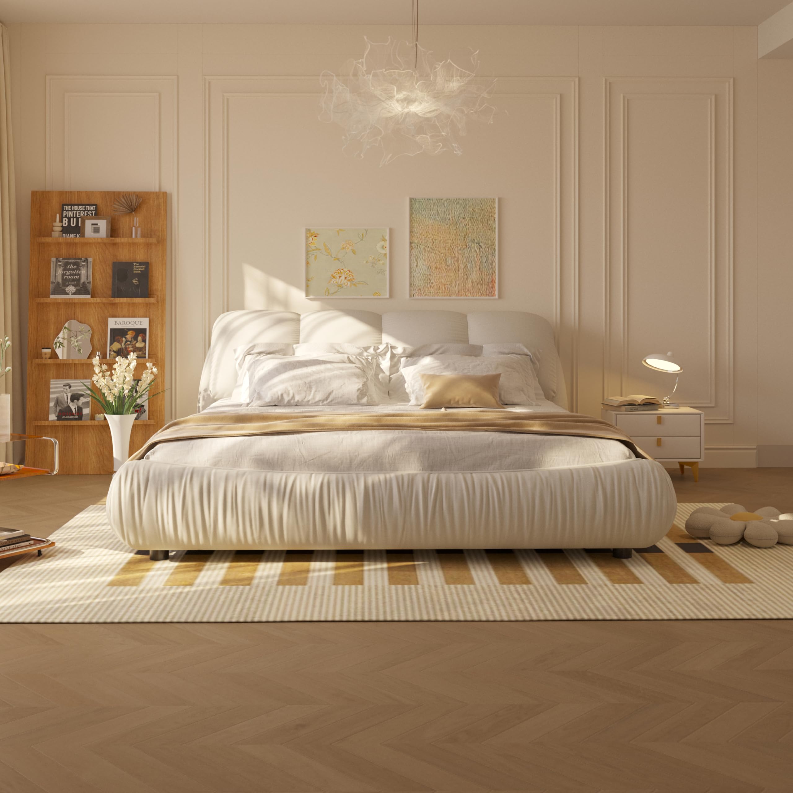 Yoglad Queen Size Contemporary Upholstered Bed, Oversized Padded Backrest Bed Frame, with Wooden Slats Support, No Box Spring Needed, Easy Assembly (Beige)