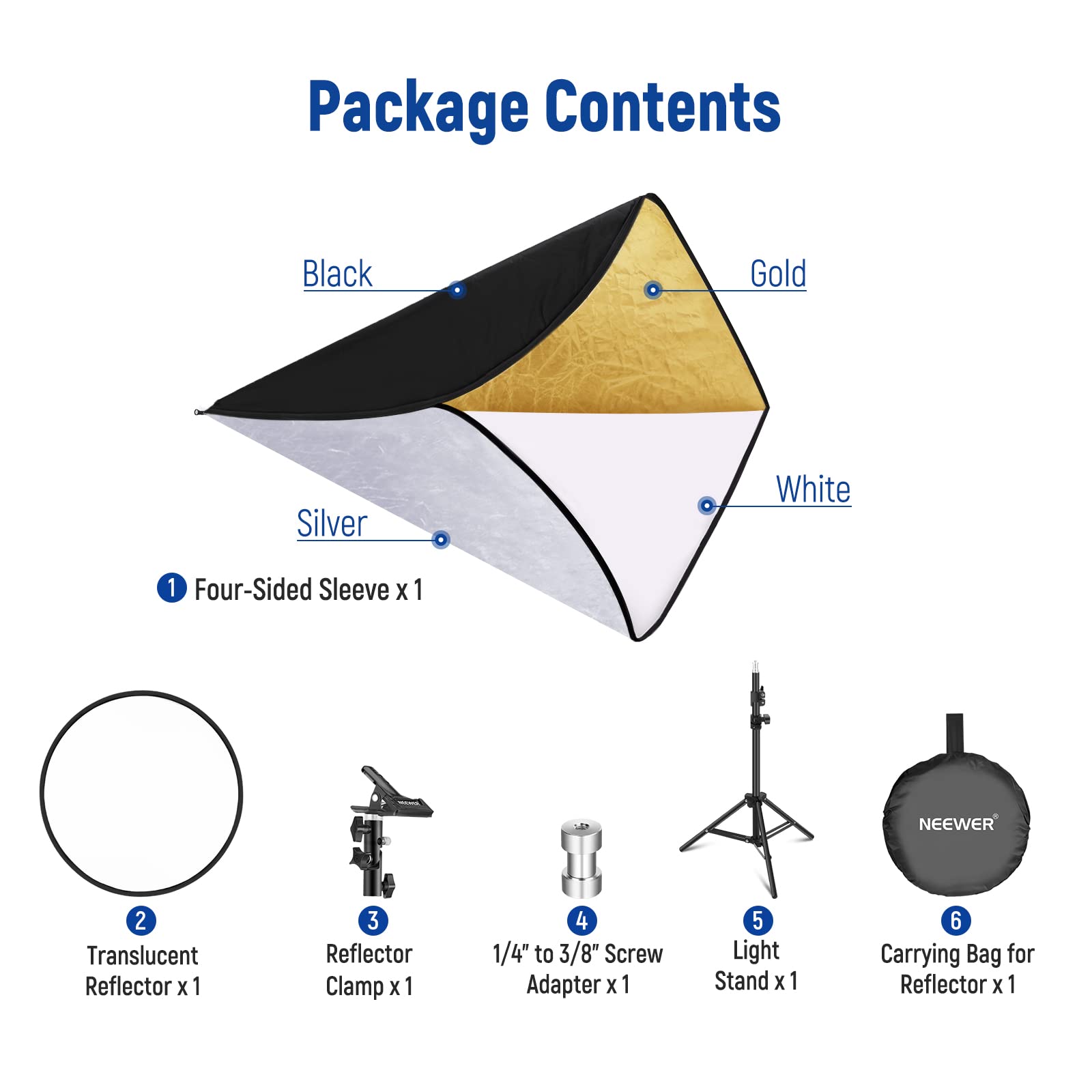 NEEWER 43"/110cm Light Reflector Kit, 5 in 1 Collapsible Round Reflector (Translucent/Silver/Gold/White/Black), Metal Clamp and 21"-43β/53-110cm Short Stand for Low Angle Children Studio Photography