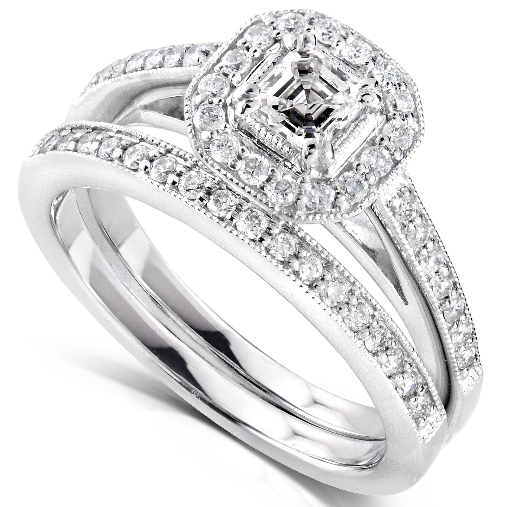 Kobelli 5/8 Carat TW Asscher Diamond Engagement Ring and Wedding Band Set 14k White Gold - Size 8