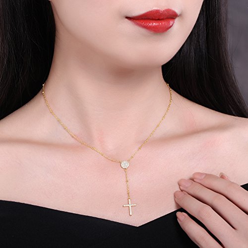 Kaletine Evil Eye Cross Y Necklace Sterling Silver 925 Pendant Chain 16"-17"-18" Paved Cubic Zirconia[Rhodium]
