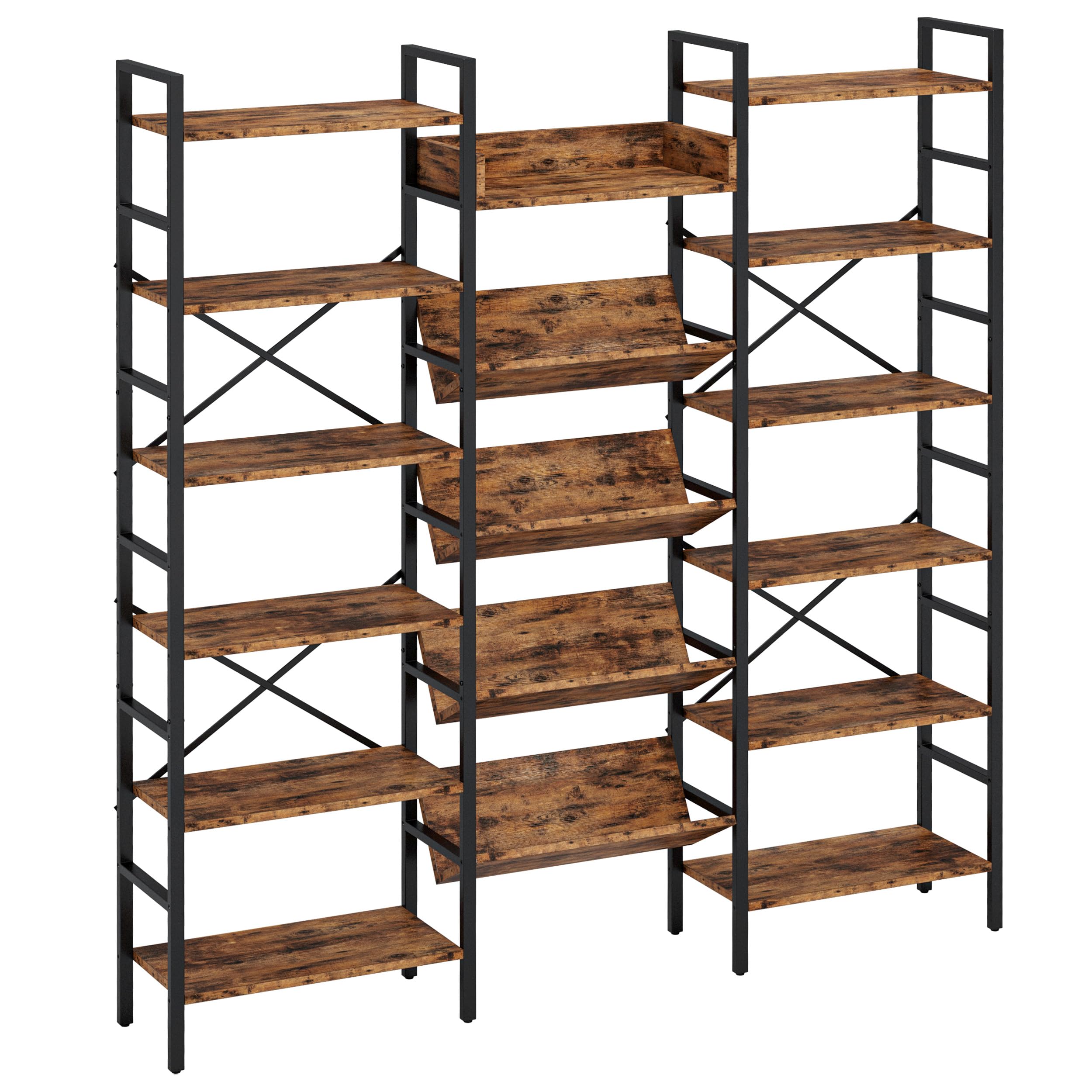 IRONCK Industrial Bookshelves 6 Tiers Triple Wide Bookshelf, Large Etagere Bookshelf Open Record Player Shelves with Metal Frame for Living Room Home Office
