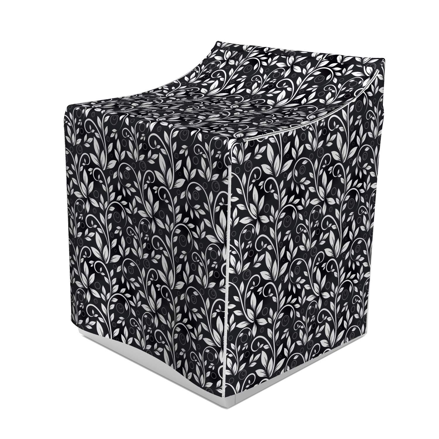 Lunarable Leaves Cover for Washer and Dryer, Botanical Illustration with Swirled Branches Foliage on Dark Backdrop, Suitable for Dryer and Washing Machine, 29" x 28" x 40", Grey Black and White